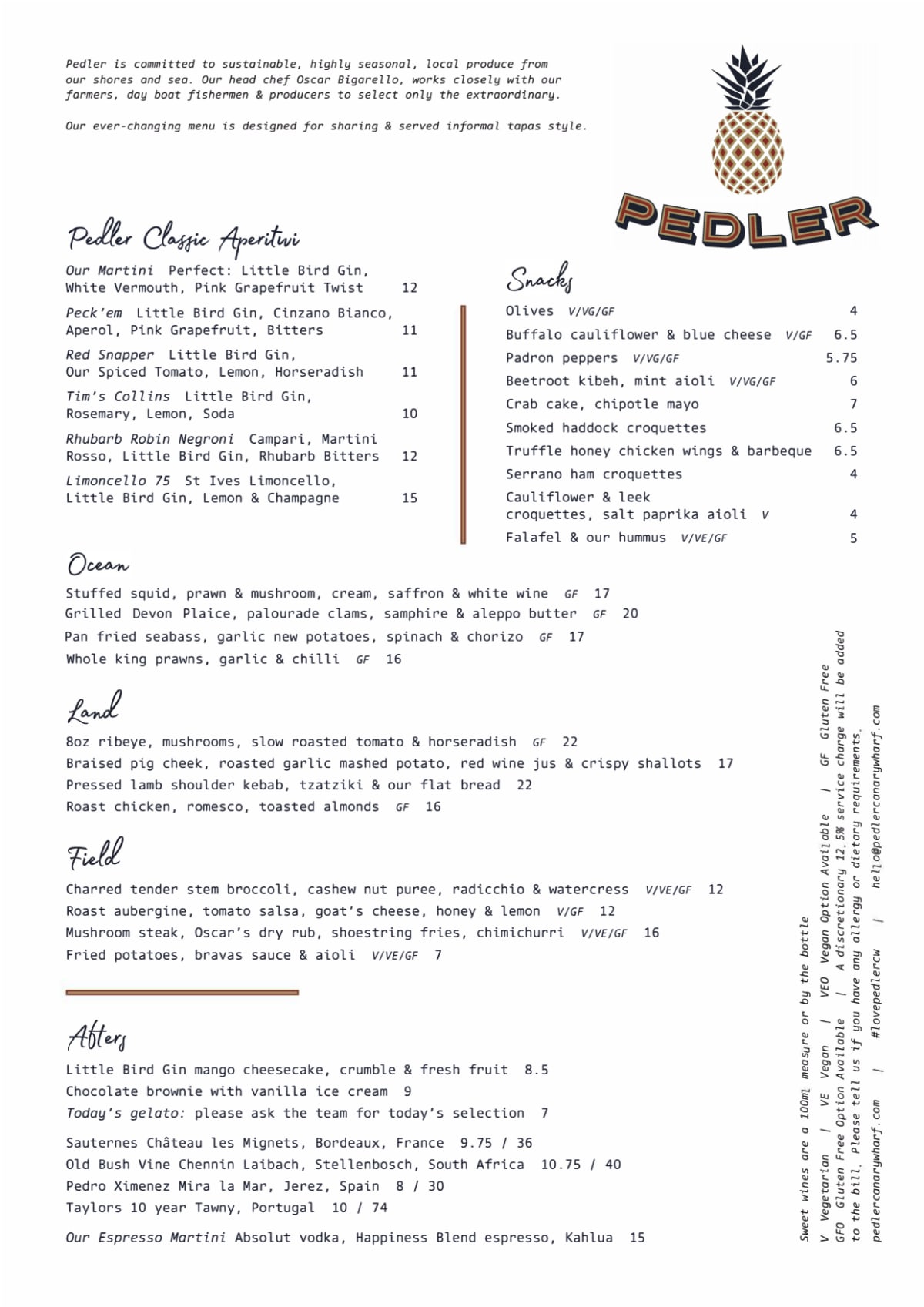Menu 2024 - Pedler Canary Wharf in Londen | TheFork