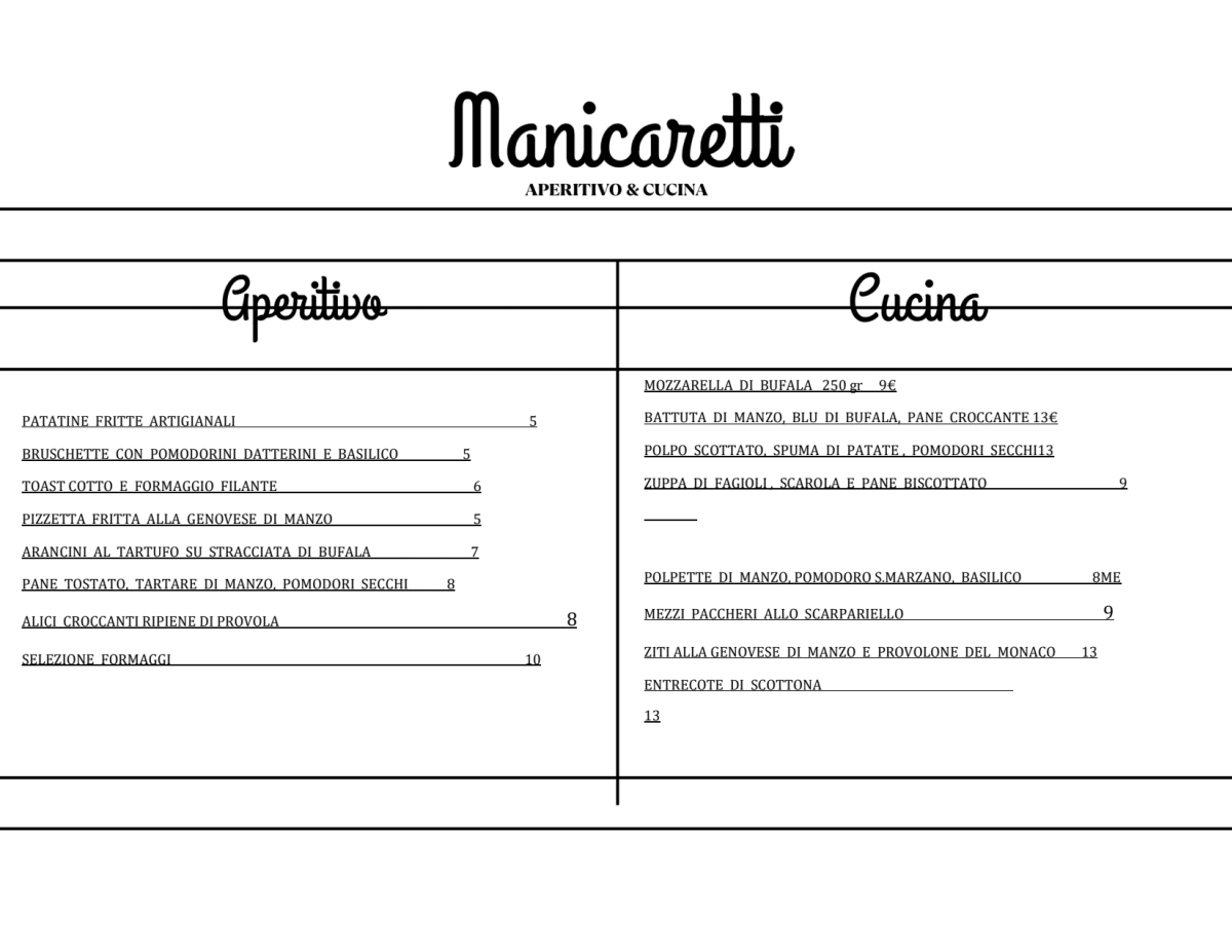 Menù completo e carta 2024 - Manicaretti a Salerno | TheFork