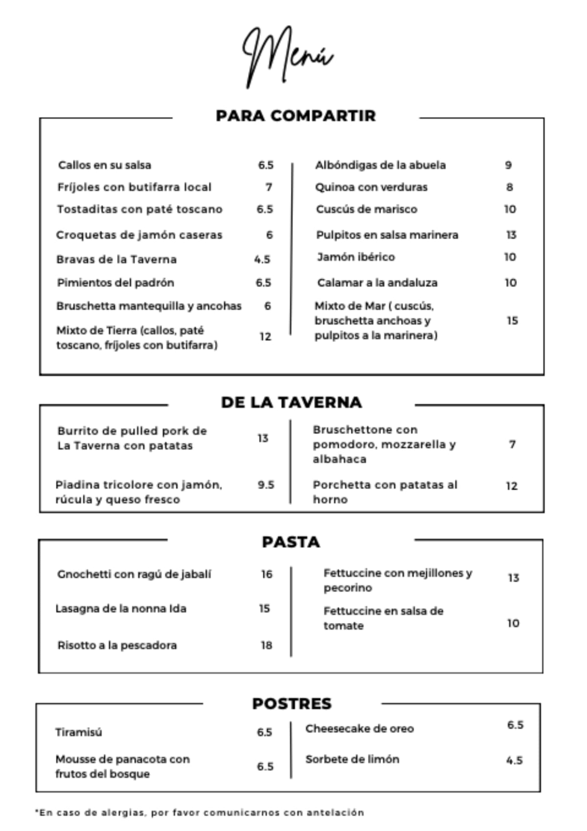 Carta y menù 2024 Actualizados - La Taverna da Paolo en Tossa De Mar ...