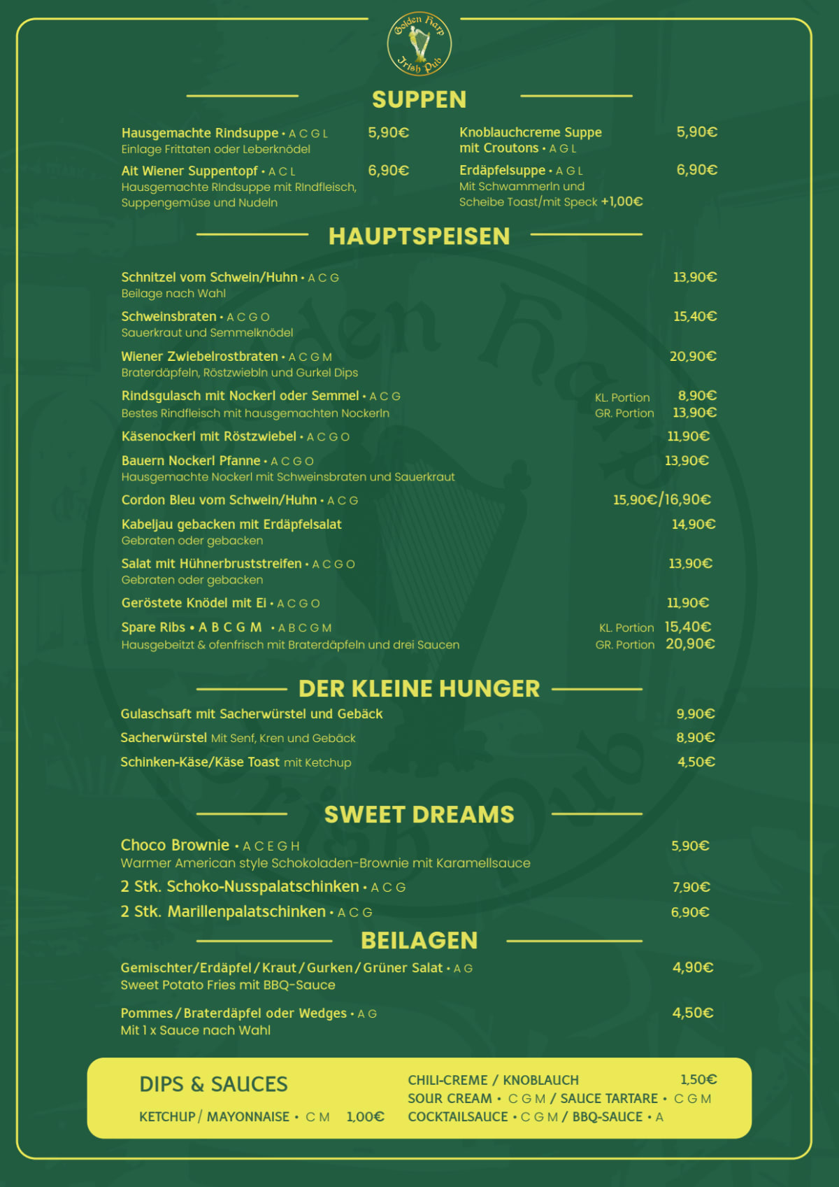 Speisekarte 2024 – The Golden Harp - Irish Pub Simmering in Wien – TheFork