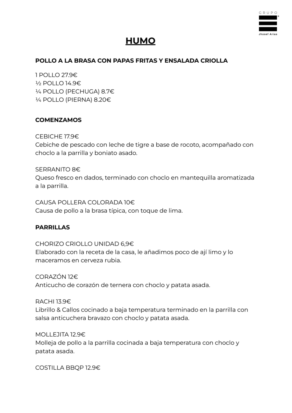 Menu 2024 - HUMO Goya Pollos a la Brasa by Jhosef Arias in Madrid | TheFork