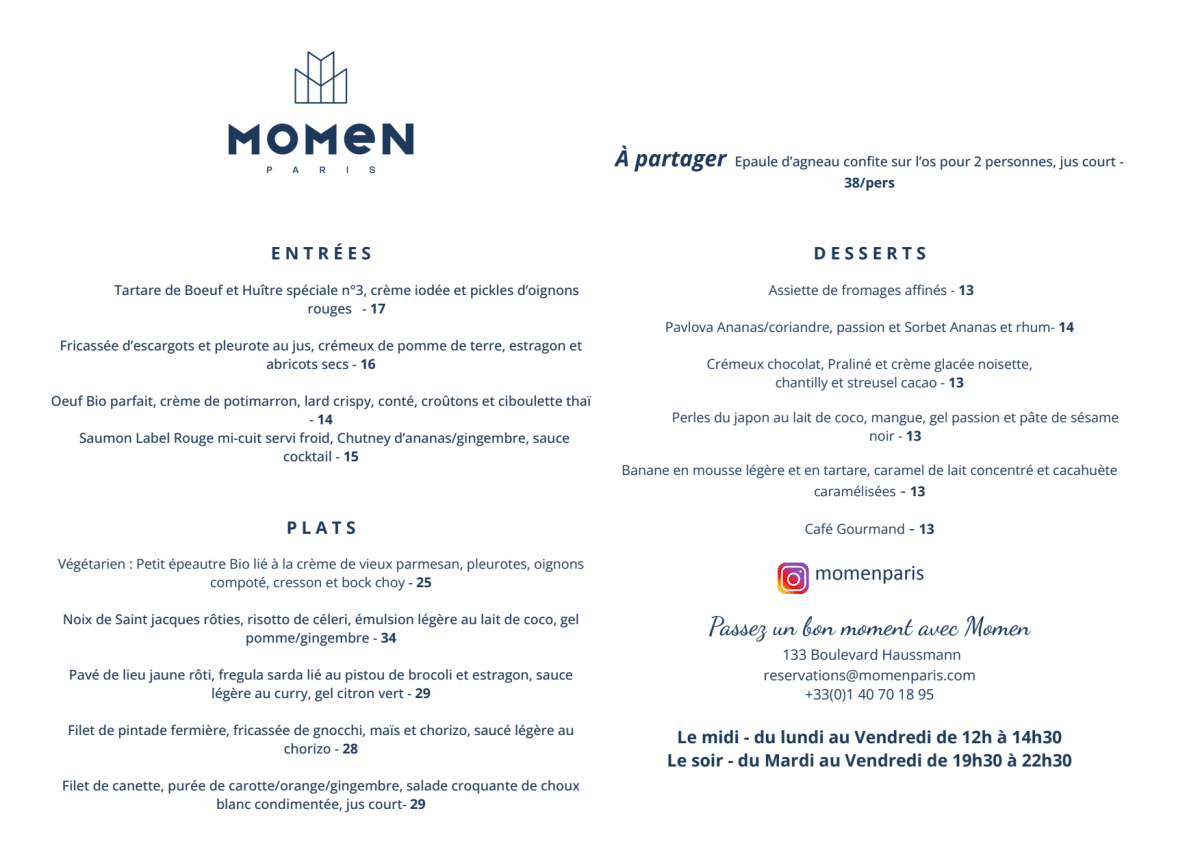 Carte et Menus 2024 - Momen à Paris | TheFork