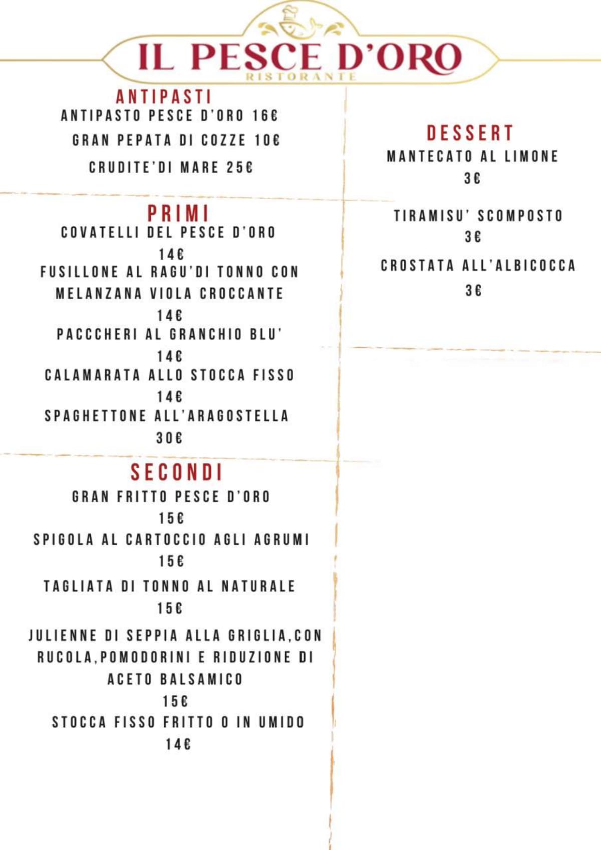 Menu 2024 - Il Pesce D'oro in Cropani | TheFork