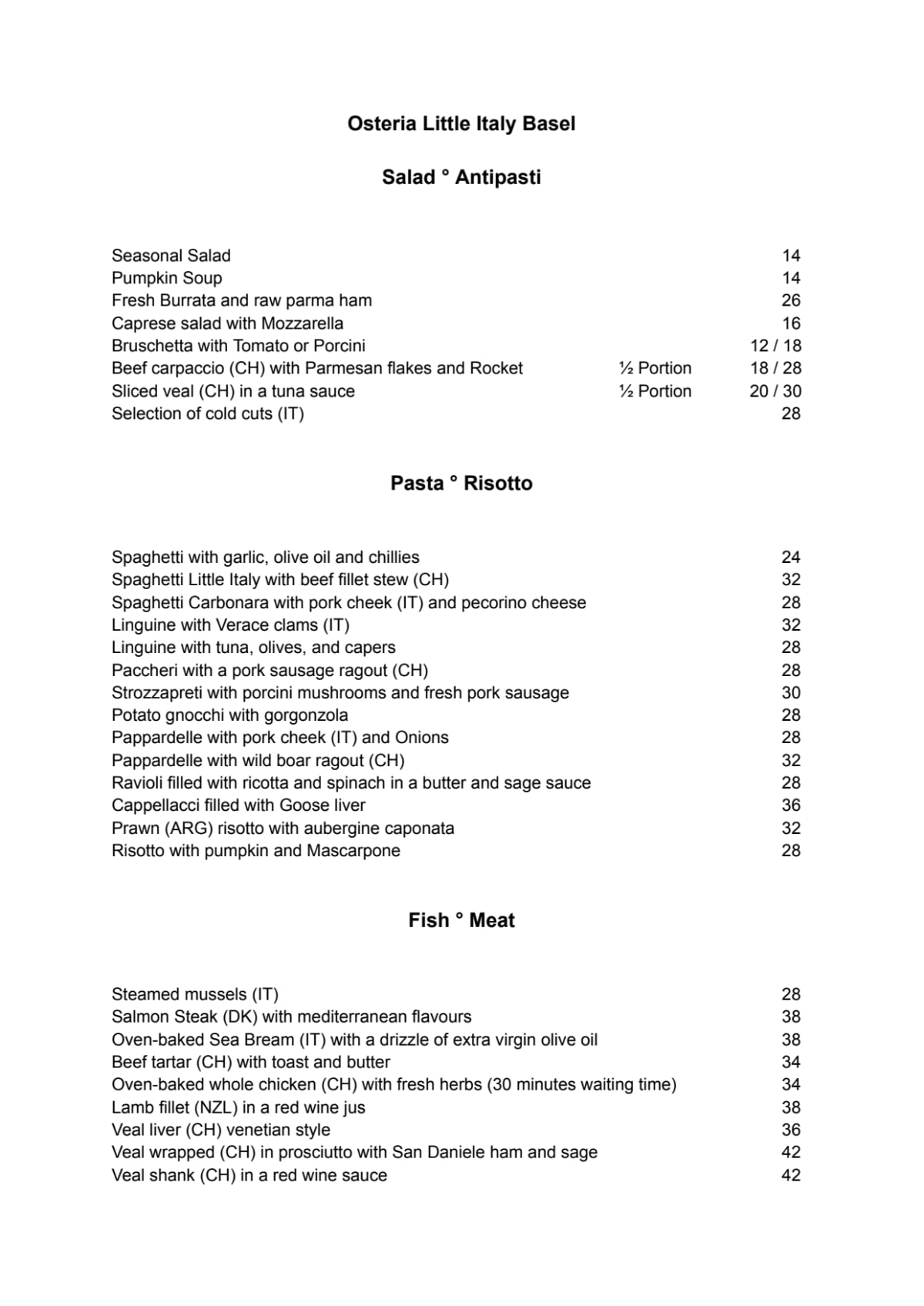 Menu 2024 - Osteria Little Italy in Basel | TheFork