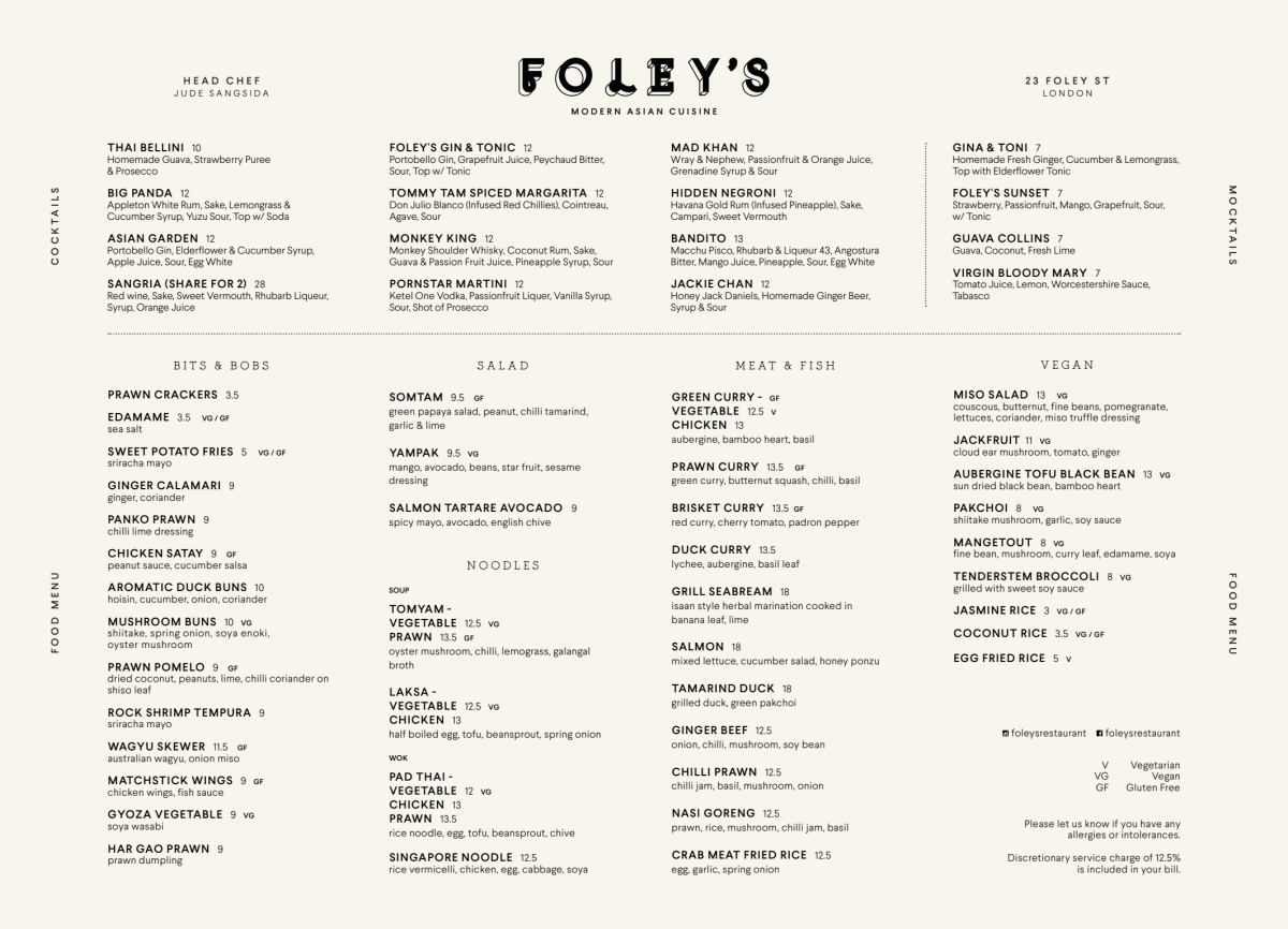 Carte et Menus 2024 - Foley's Restaurant à Londres | TheFork