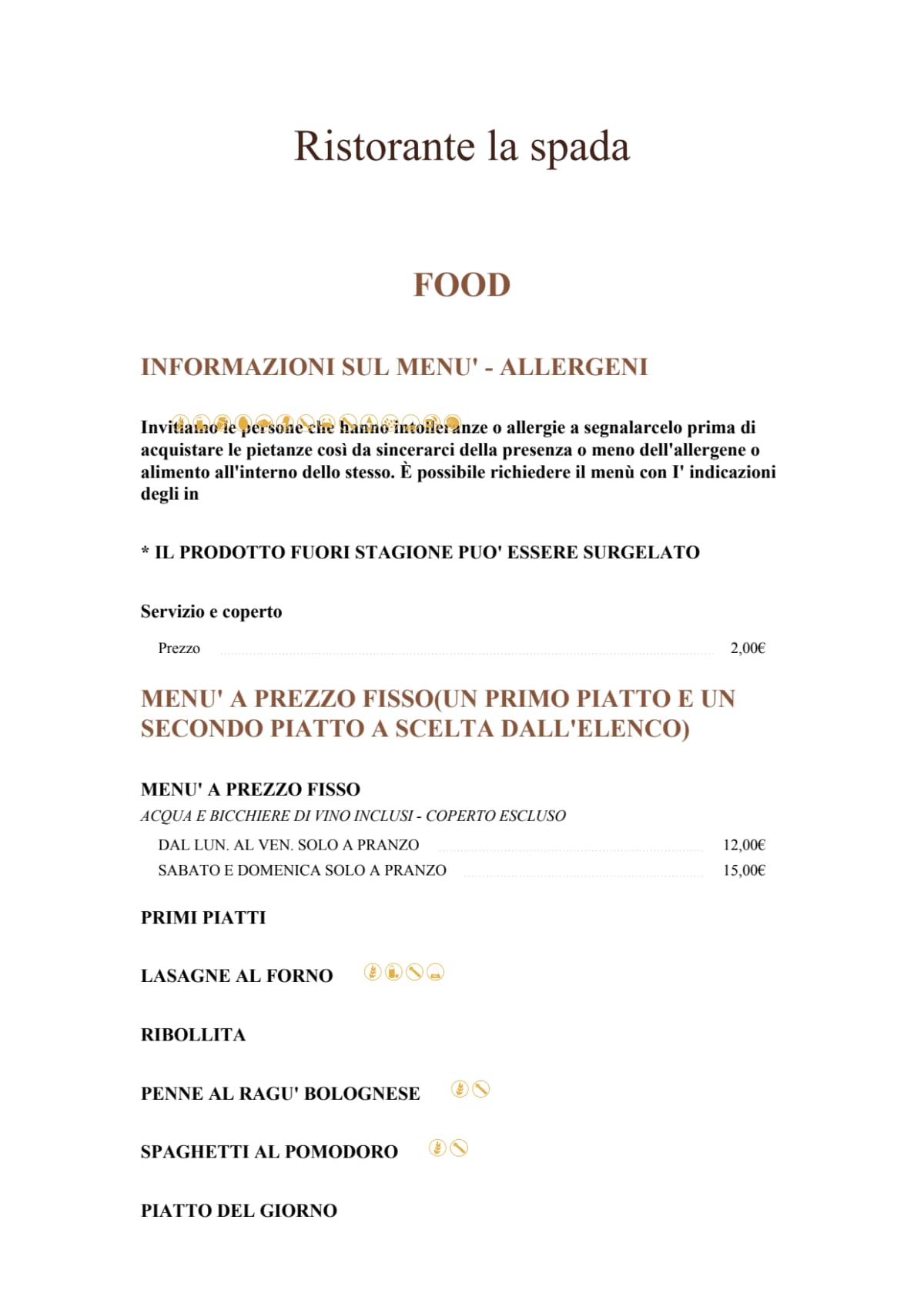 Menu 2024 - La Spada in Florence | TheFork