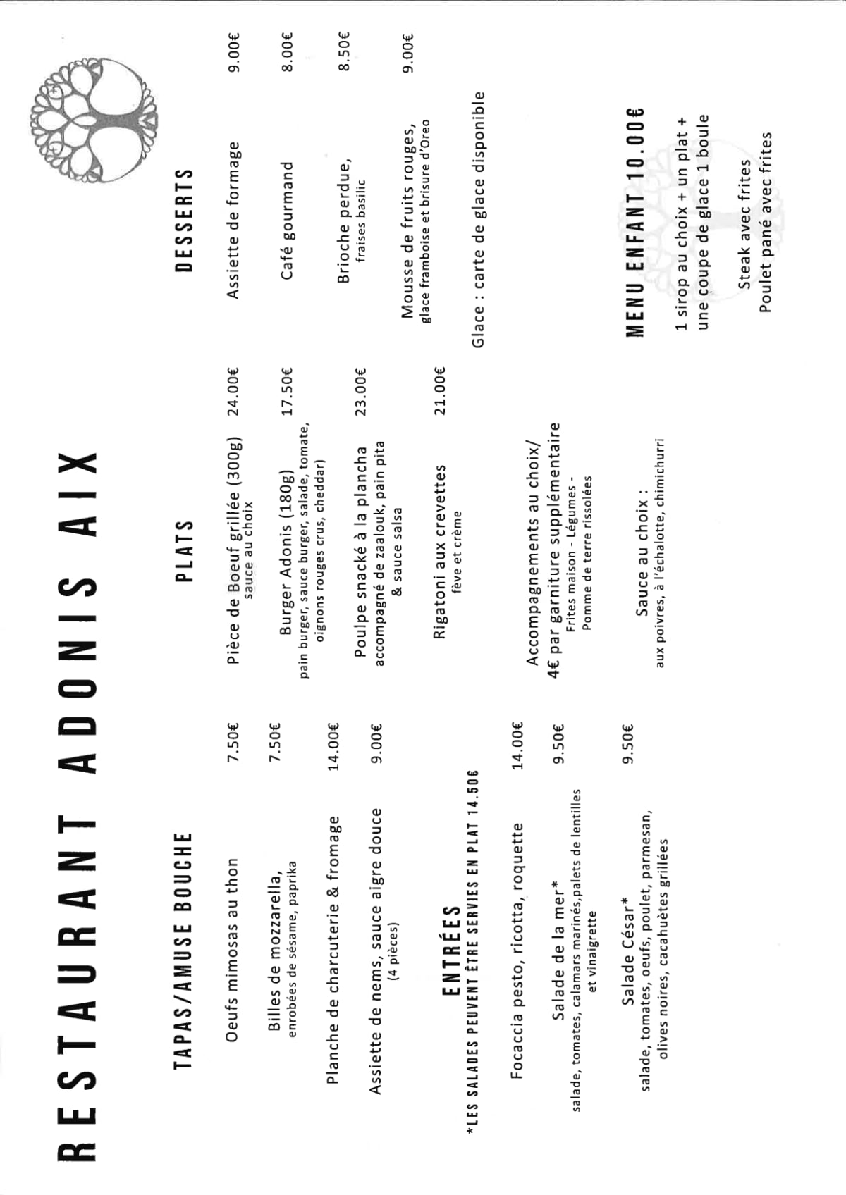 Carte et Menus 2024 - Adonis Brasserie à Éguilles | TheFork