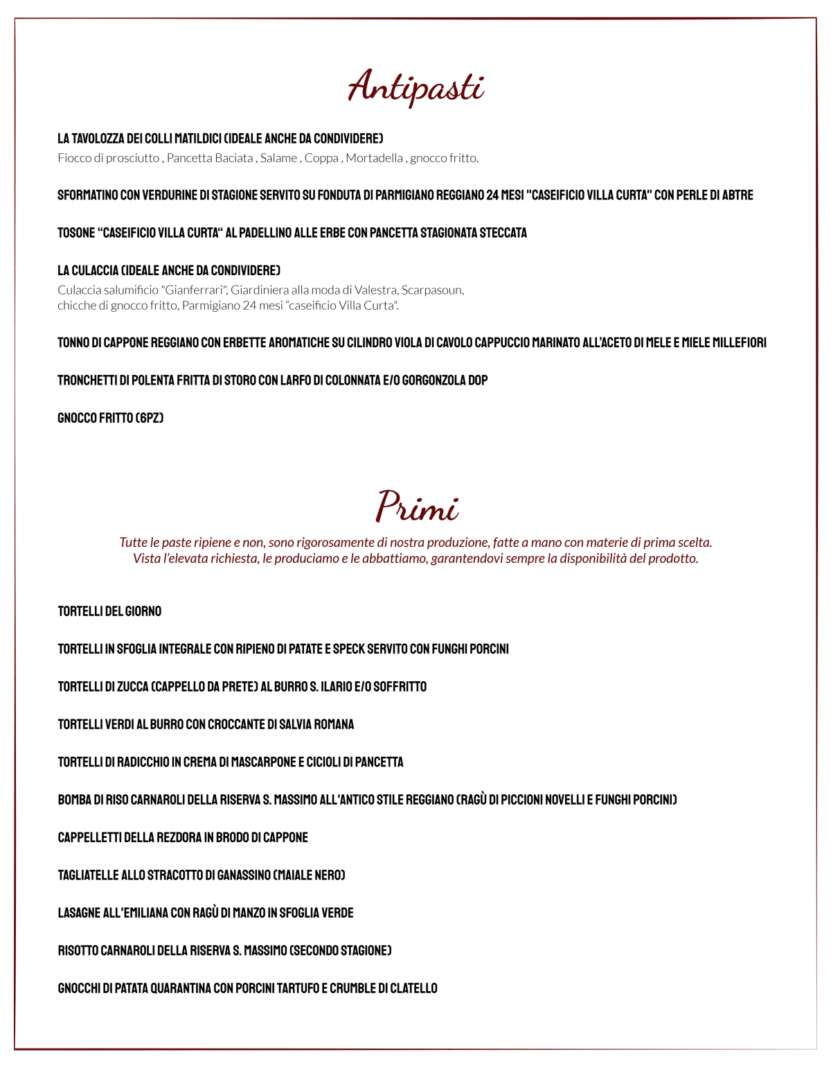 Menù completo e carta 2024 - Trattoria La Vecchia Reggio a Reggio ...