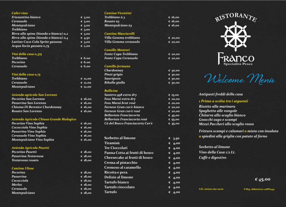 Carte et Menus 2024 - Franco à Pescara | TheFork