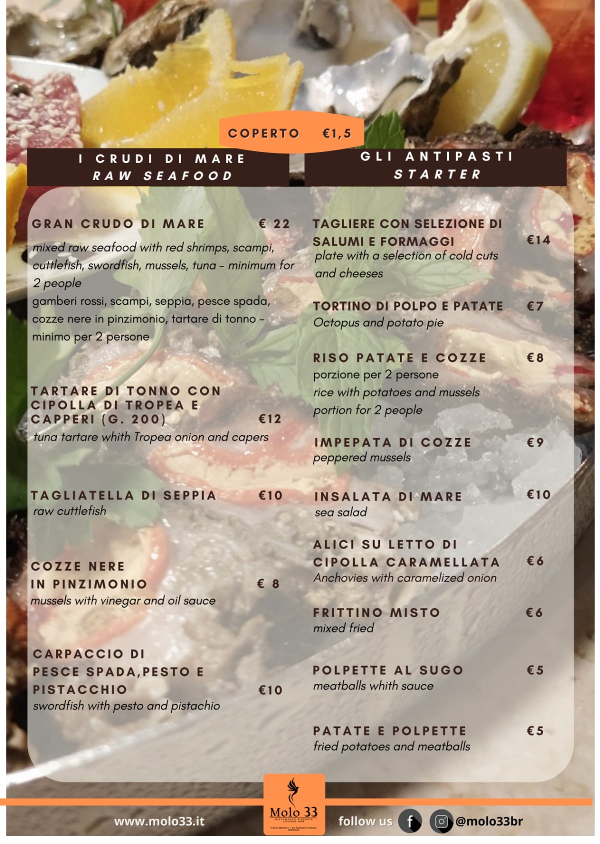 Carte et Menus 2024 - Molo 33 à Brindisi | TheFork