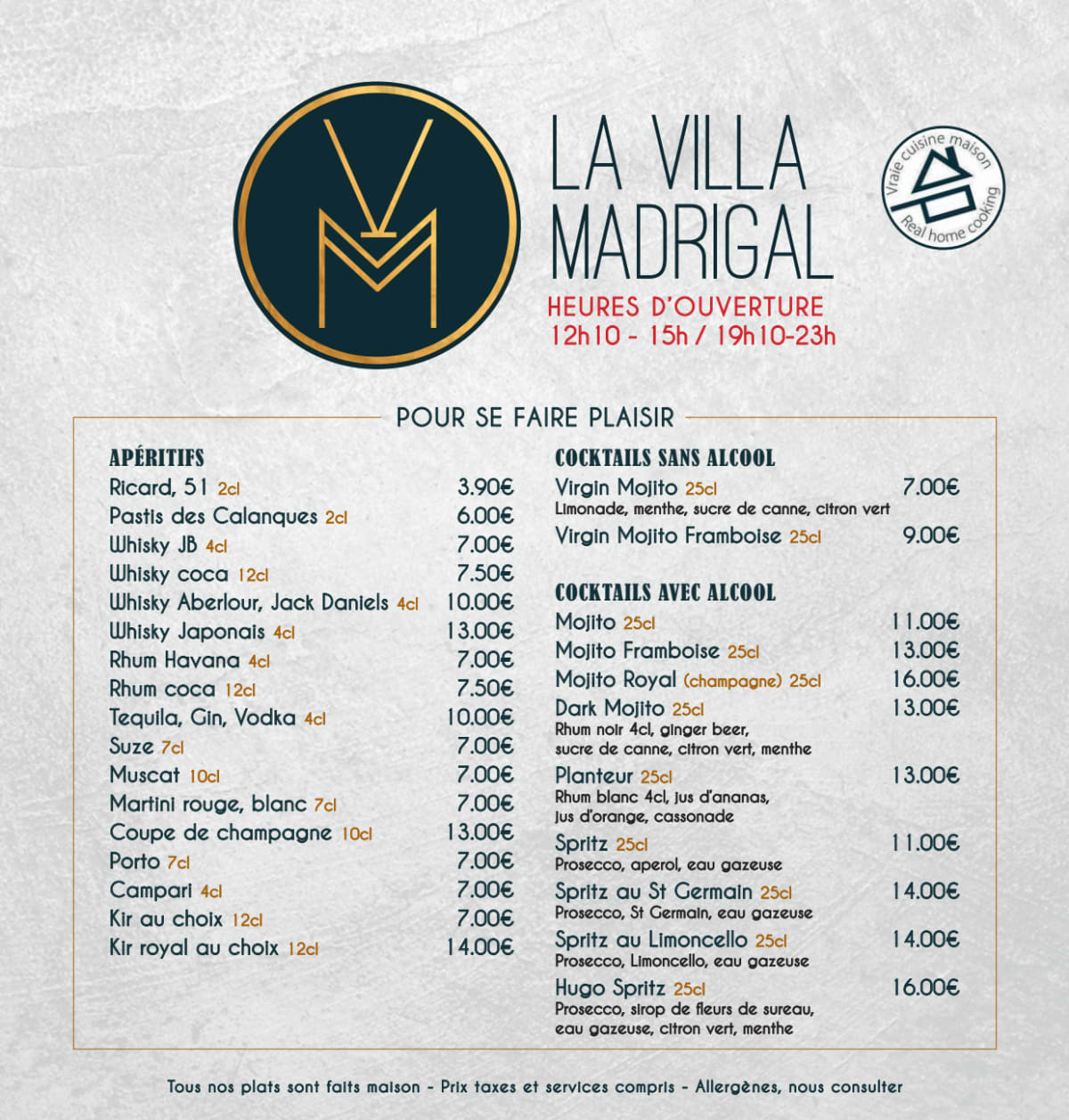 Carte et Menus 2024 - La Villa Madrigal à Carry-le-Rouet | TheFork