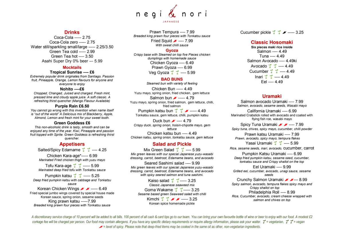 Carte et Menus 2024 - Negi & Nori à Londres | TheFork