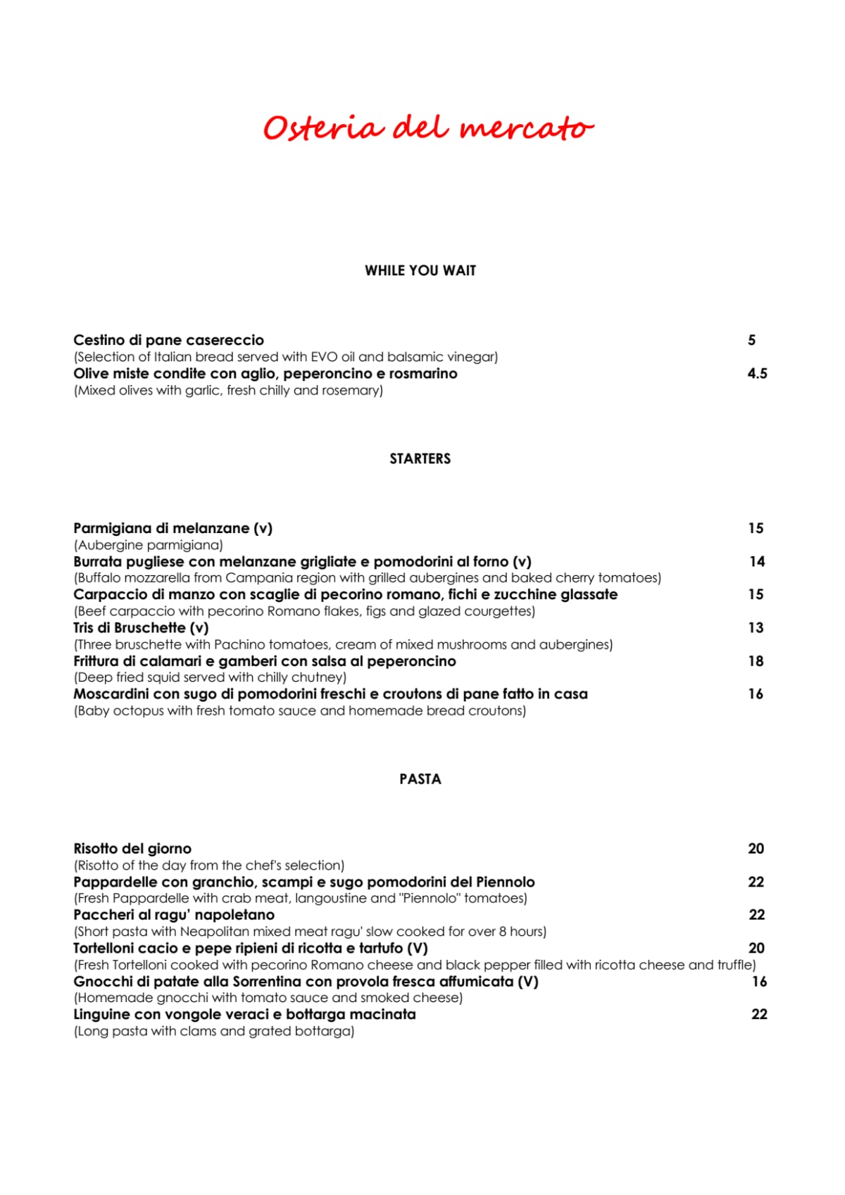 Menu 2024 - Osteria del Mercato in London | TheFork