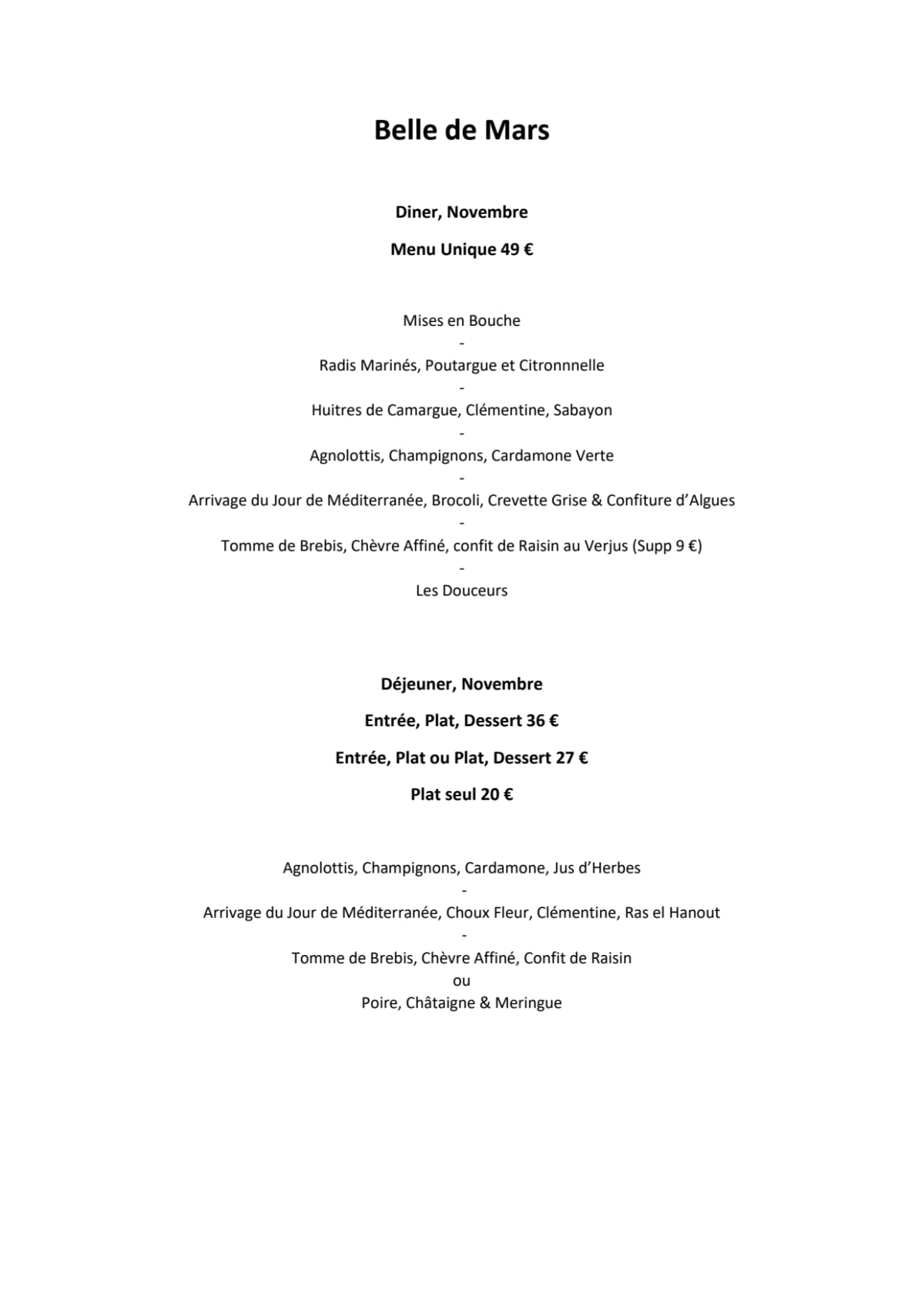 Carte et Menus 2024 - Belle de Mars à Marseille | TheFork