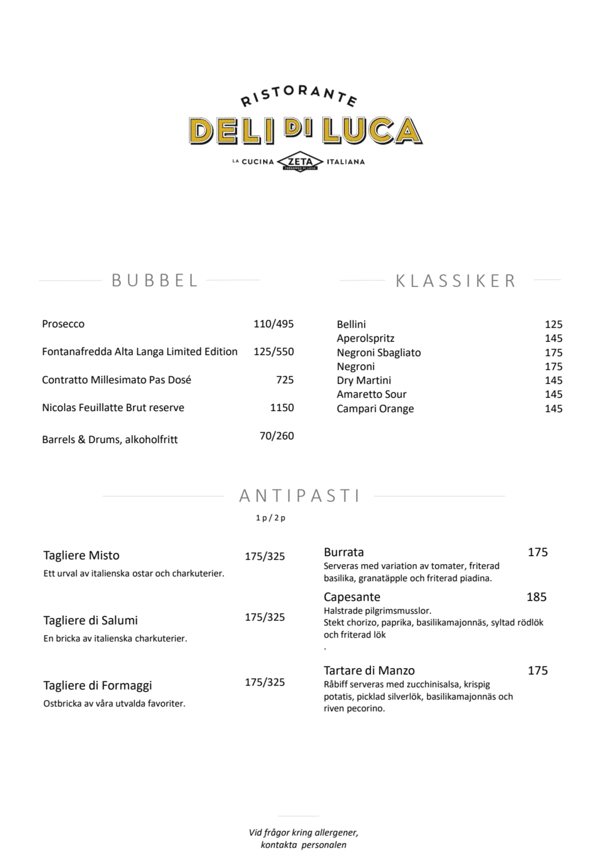 Menu 2024 - Deli Di Luca in Stockholm | TheFork