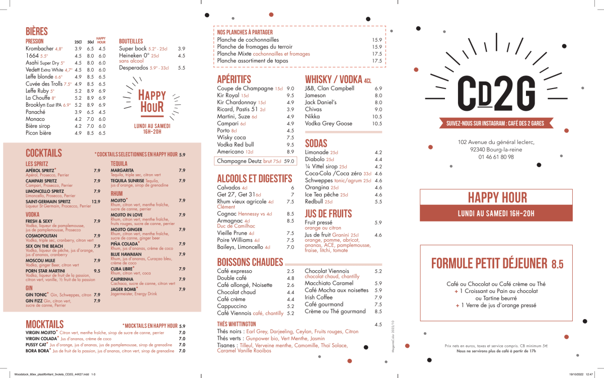 Carte et Menus 2024 - Brasserie Café des 2 Gares à Bourg-la-Reine | TheFork