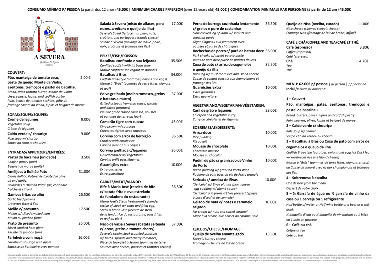 Menu 2023 - A Severa - Fado em Lisboa | TheFork