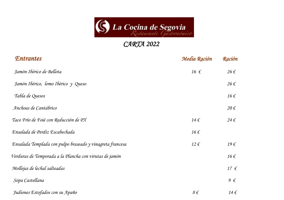 Carte et Menus 2024 - La Cocina de Segovia à Segovia | TheFork