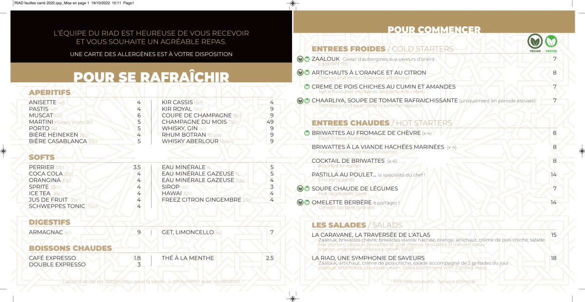 Carte et Menus 2024 - Le Riad à Avignon | TheFork