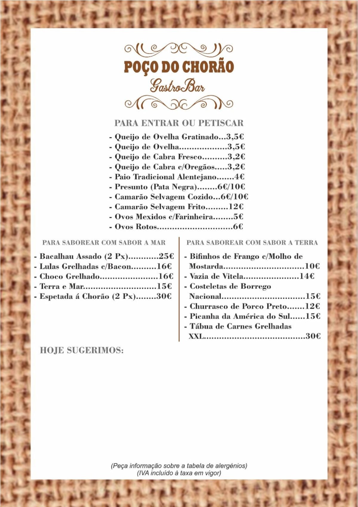 Carta y menù 2024 Actualizados - Poço do Chorão GastroBar en Amareleja ...