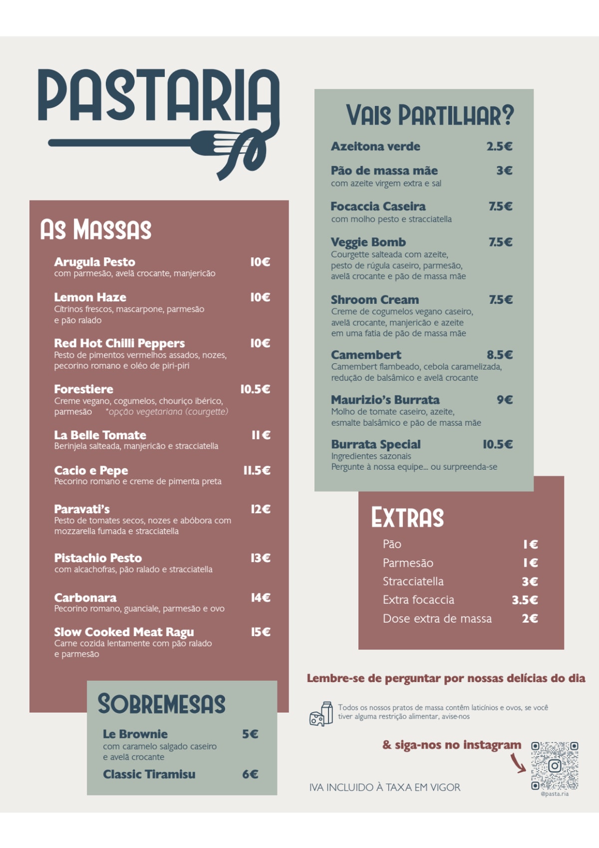 Menus 2024 - Pastaria - Principe Real in Lisbon | TheFork