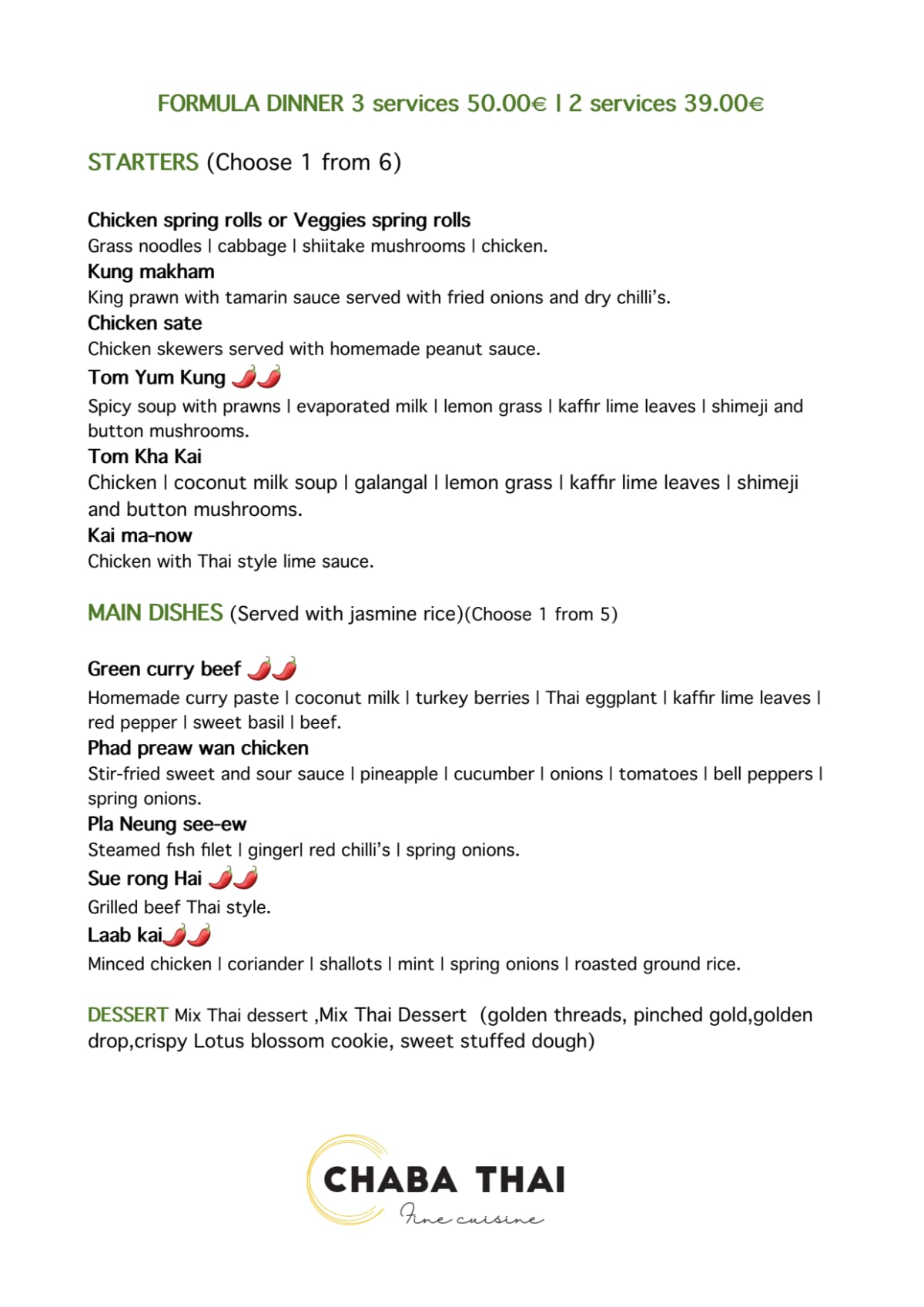 Menu 2024 - Chaba Thai fine cuisine in Elsene | TheFork