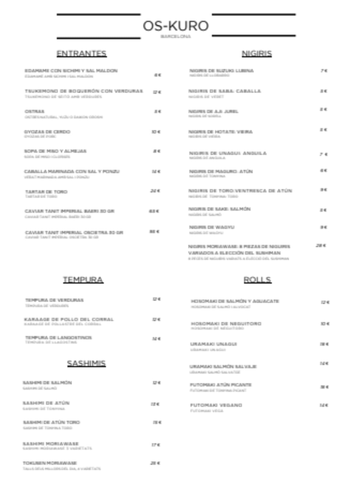 Menu 2023 - Os-Kuro - Sushi Bar y Robata in Barcelona | TheFork