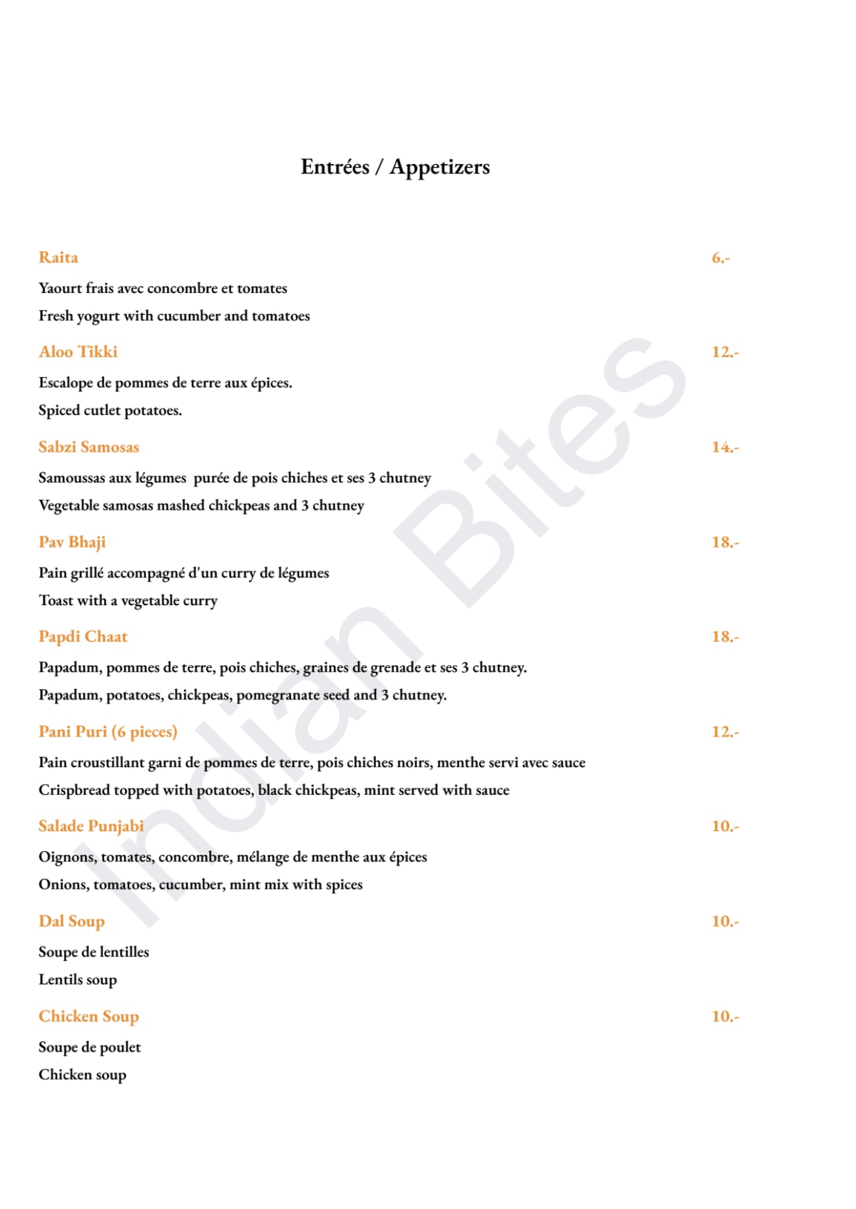 Carte et Menus 2024 - Indian Bites à Genève | TheFork