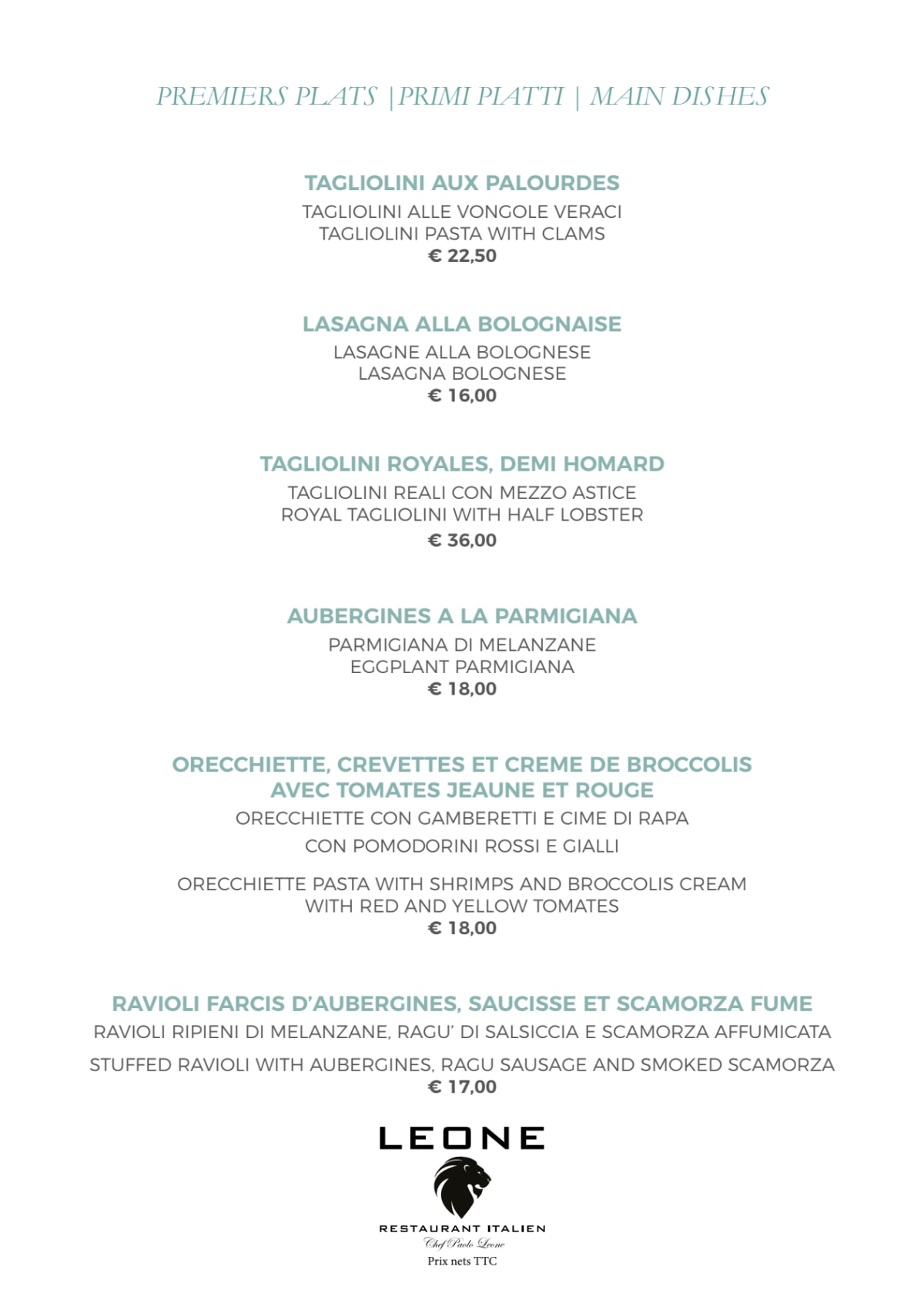 Menus 2024 - Leone in Menton | TheFork