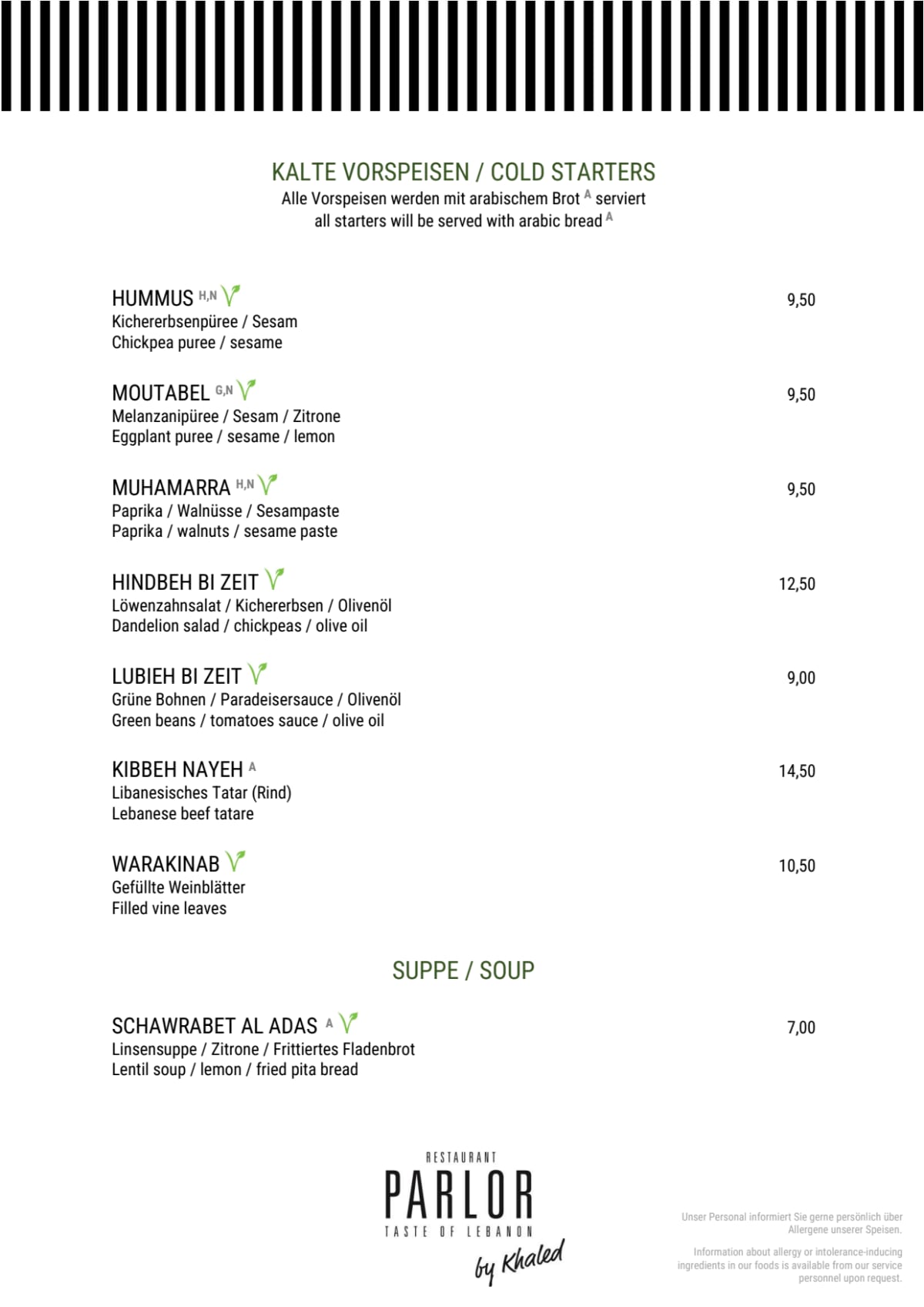 Menus 2024 - Parlor ,,Taste of Lebanon'' by Khaled in Vienna | TheFork