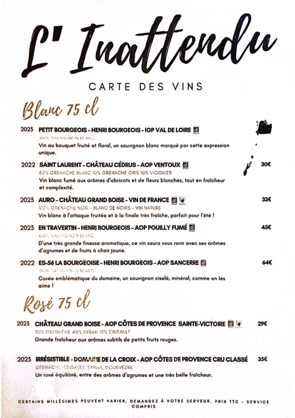 Carte et Menus 2024 - Restaurant L'Inattendu à Marseille | TheFork