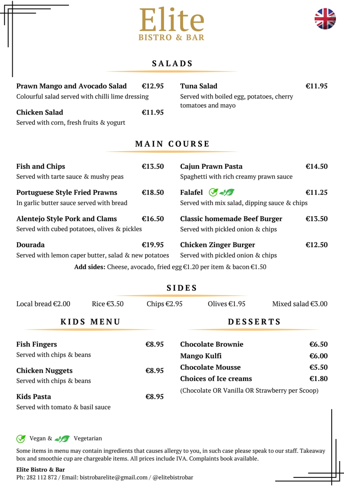 Menu 2024 - Elite Bistrô & Bar in Lagos | TheFork