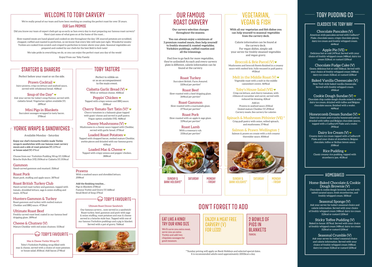 Menus 2024 - Toby Carvery - Badgers Mount in Sevenoaks | TheFork