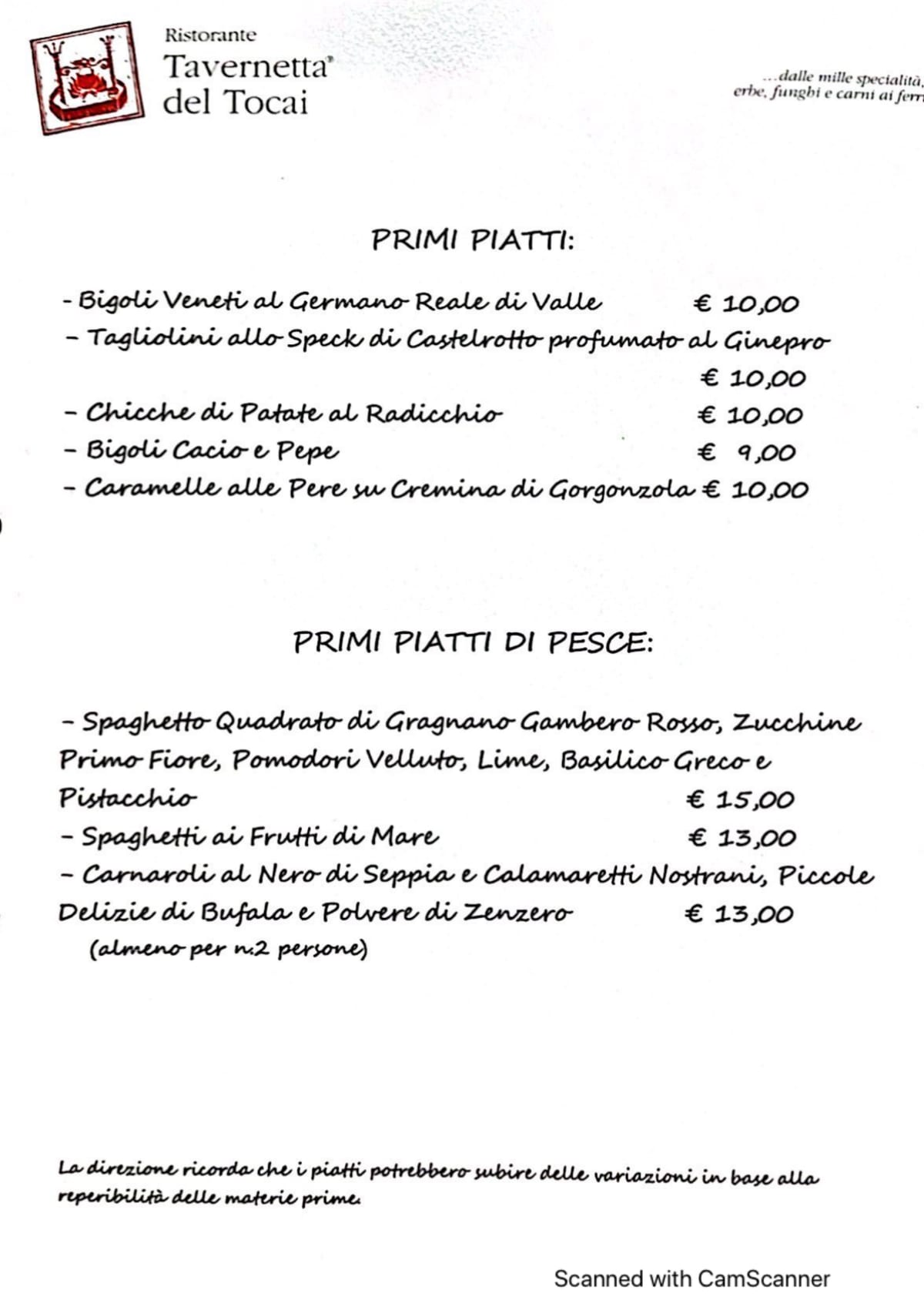 Menù completo e carta 2024 - Tavernetta del Tocai a Pradipozzo | TheFork
