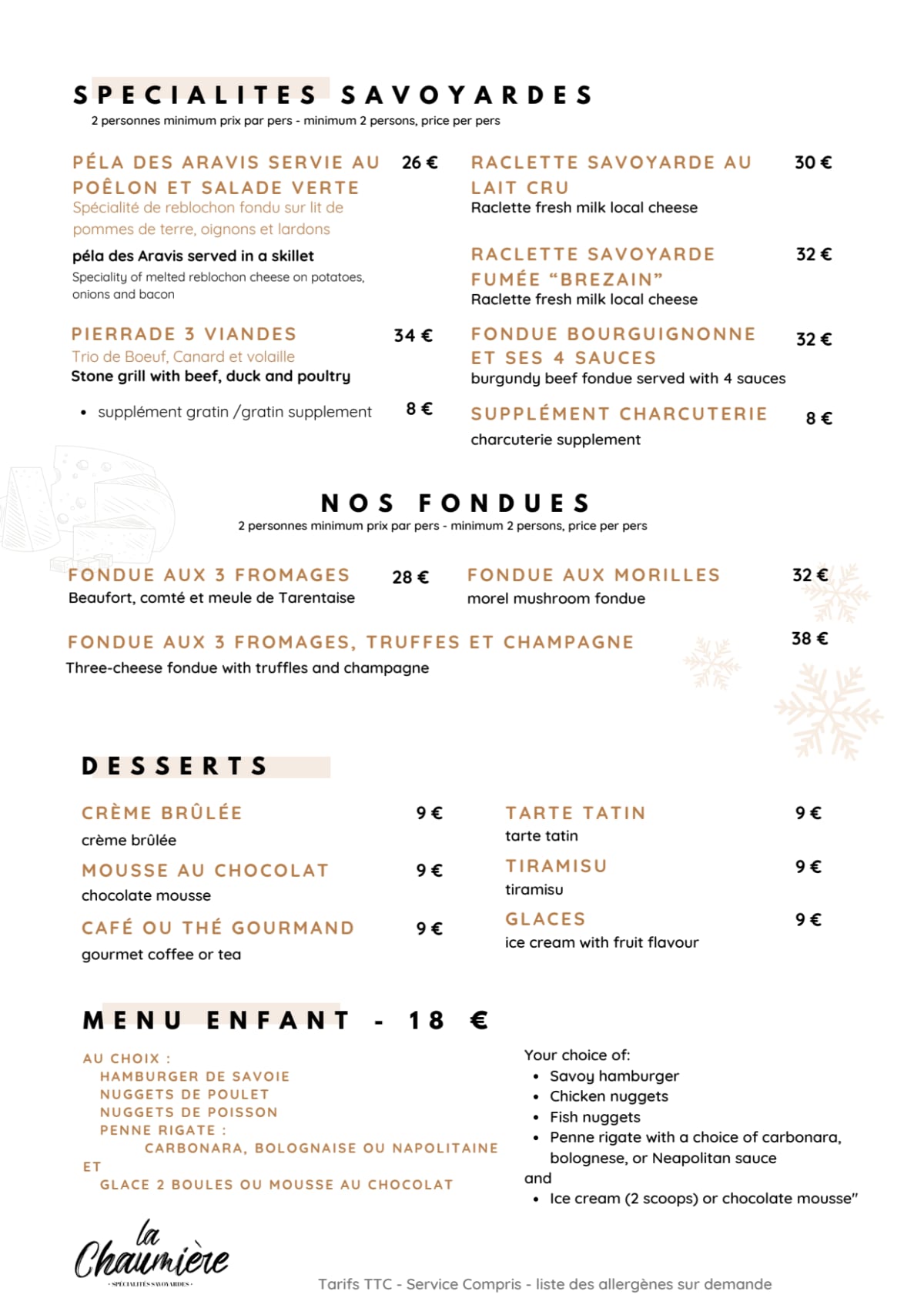 Carte et Menus 2024 - La Chaumière, Spécialités Savoyardes à Tignes ...