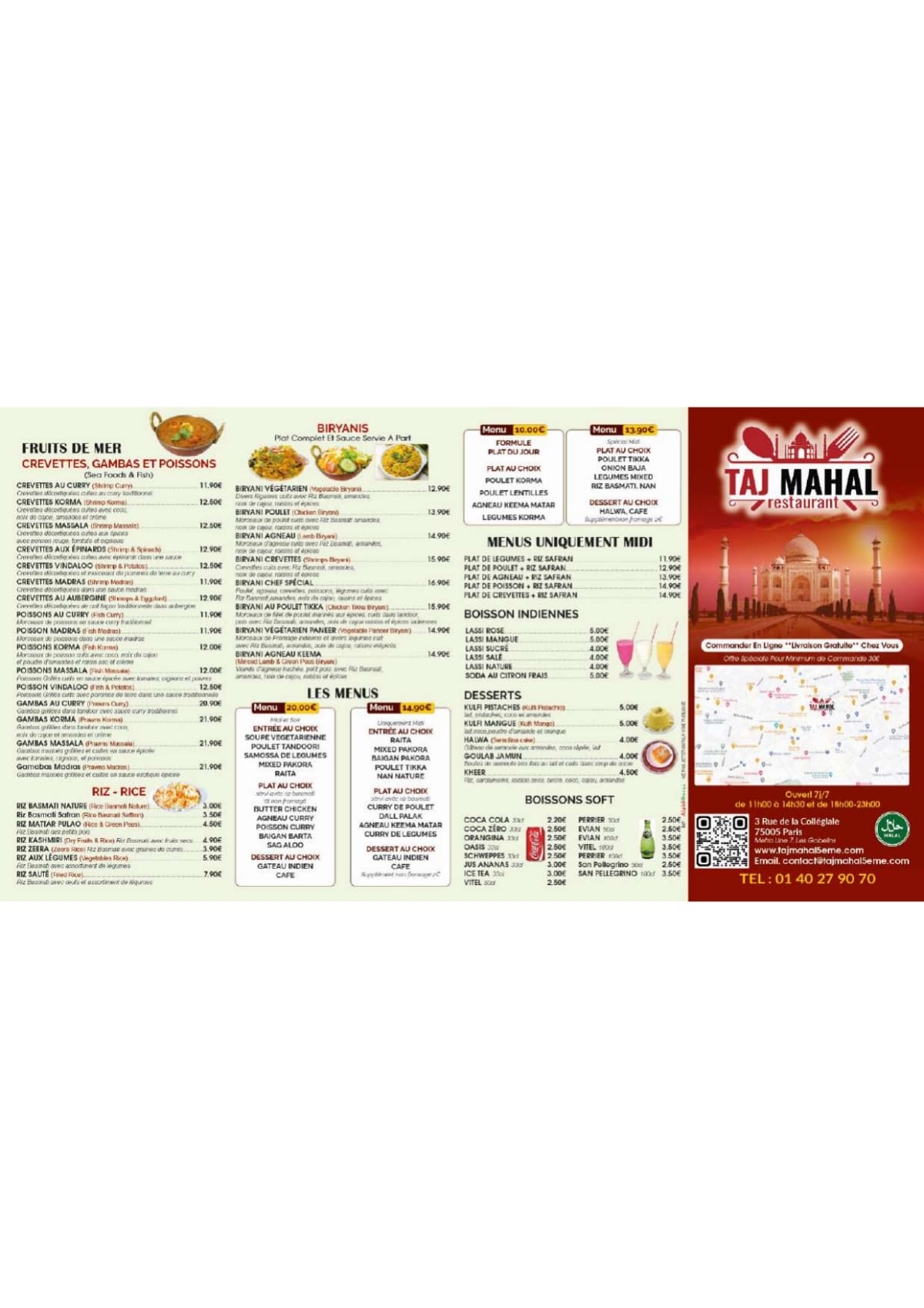 Carte et Menus 2024 - Taj Mahal Paris 5ème à Paris | TheFork