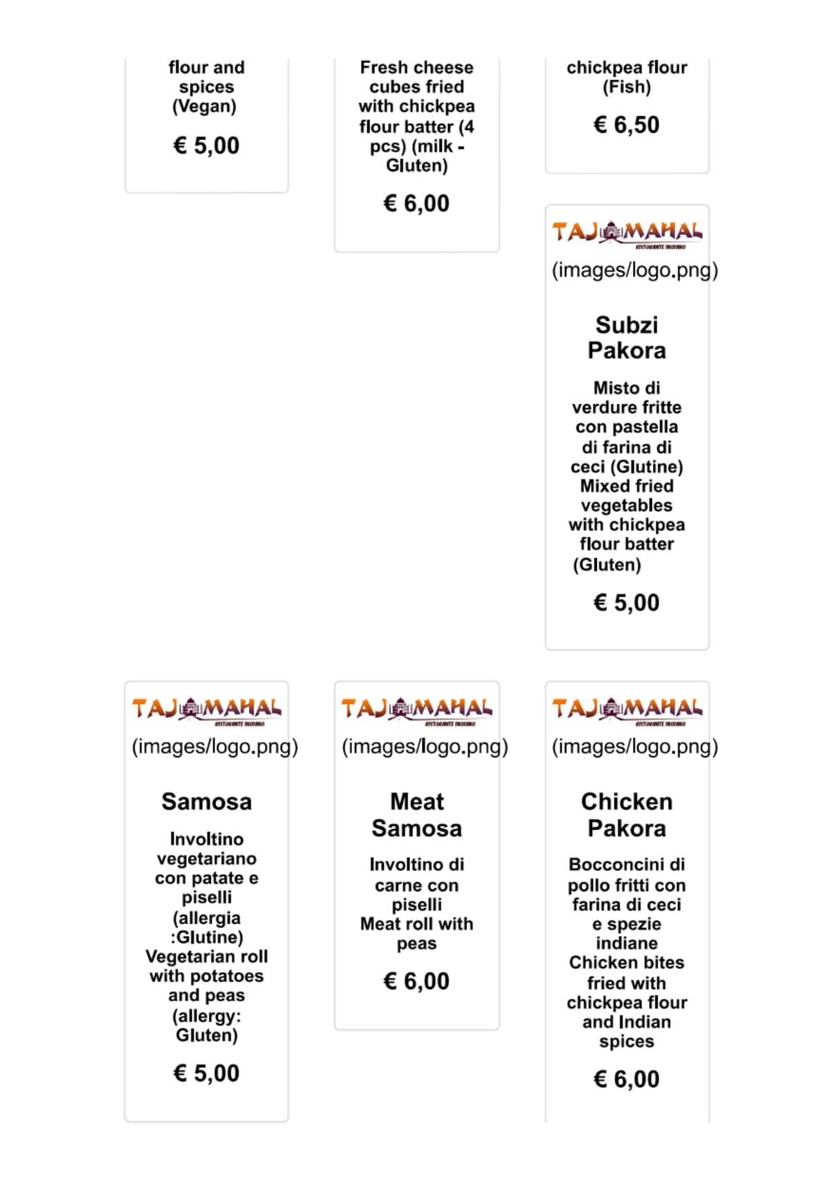 Menù completo e carta 2024 - Taj Mahal Vicenza a Vicenza | TheFork