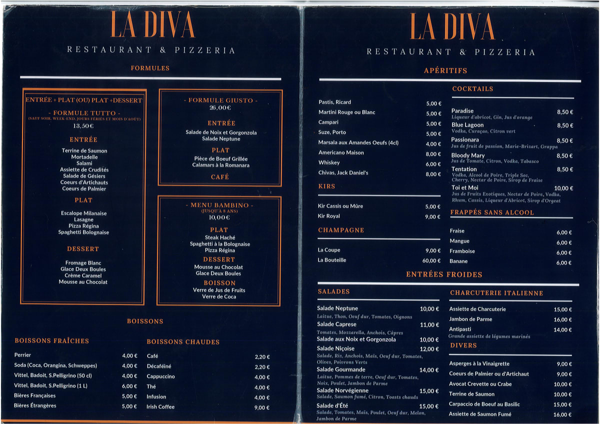 Carte et Menus 2024 - La Diva à La Garenne-Colombes | TheFork