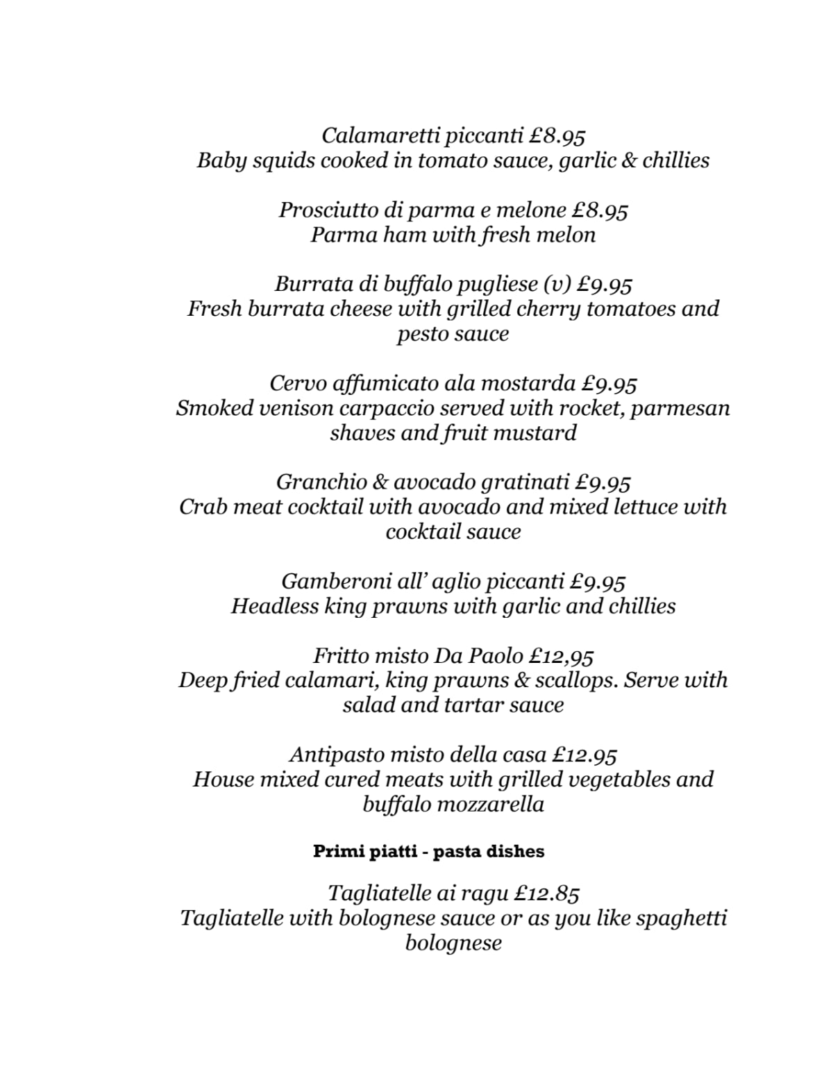 Carte et Menus 2024 - Da Paolo à Londres | TheFork
