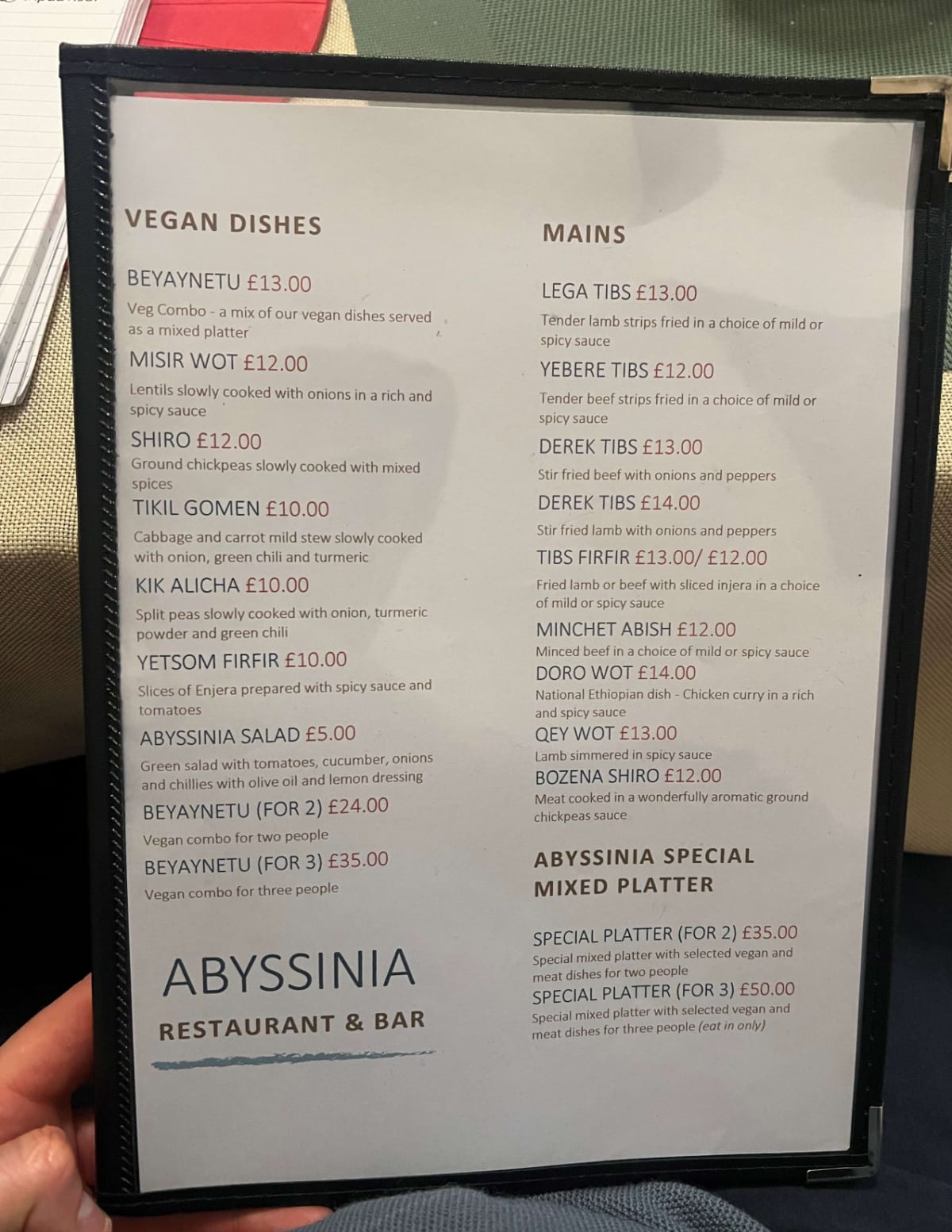 Carte et Menus 2024 - Abyssinia Ethiopian Restaurant à Londres | TheFork