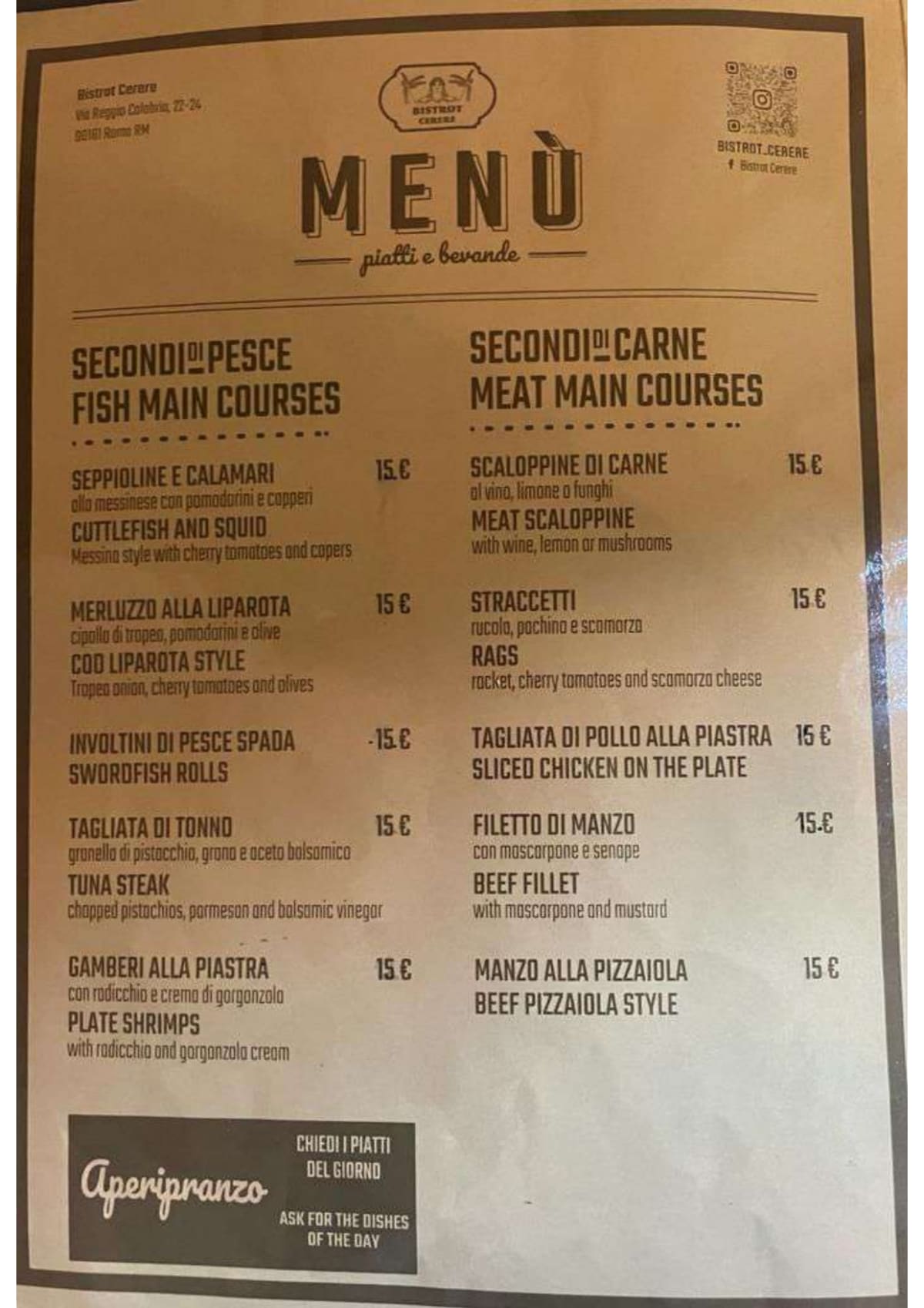 Menù completo e carta 2024 - Bistrot Cerere a Roma | TheFork