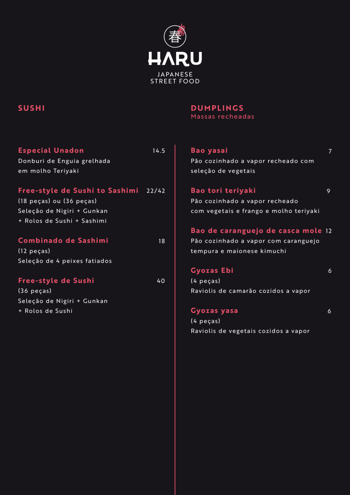 Speisekarte 2024 – HARU Japanese Street Food in Costa da Caparica – TheFork