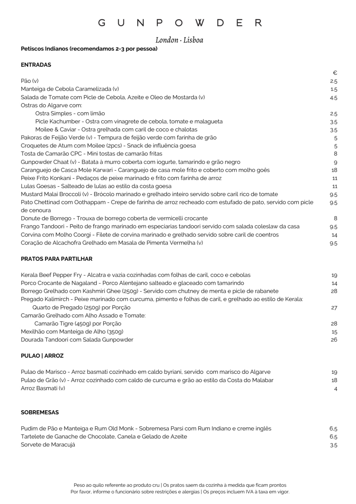 Menu 2024 - GunPowder Lisbon in Lisbon | TheFork