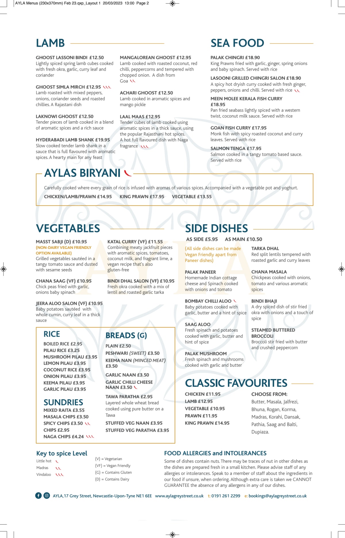 Menu 2024 - Ayla @ Grey Street in Newcastle upon Tyne | TheFork