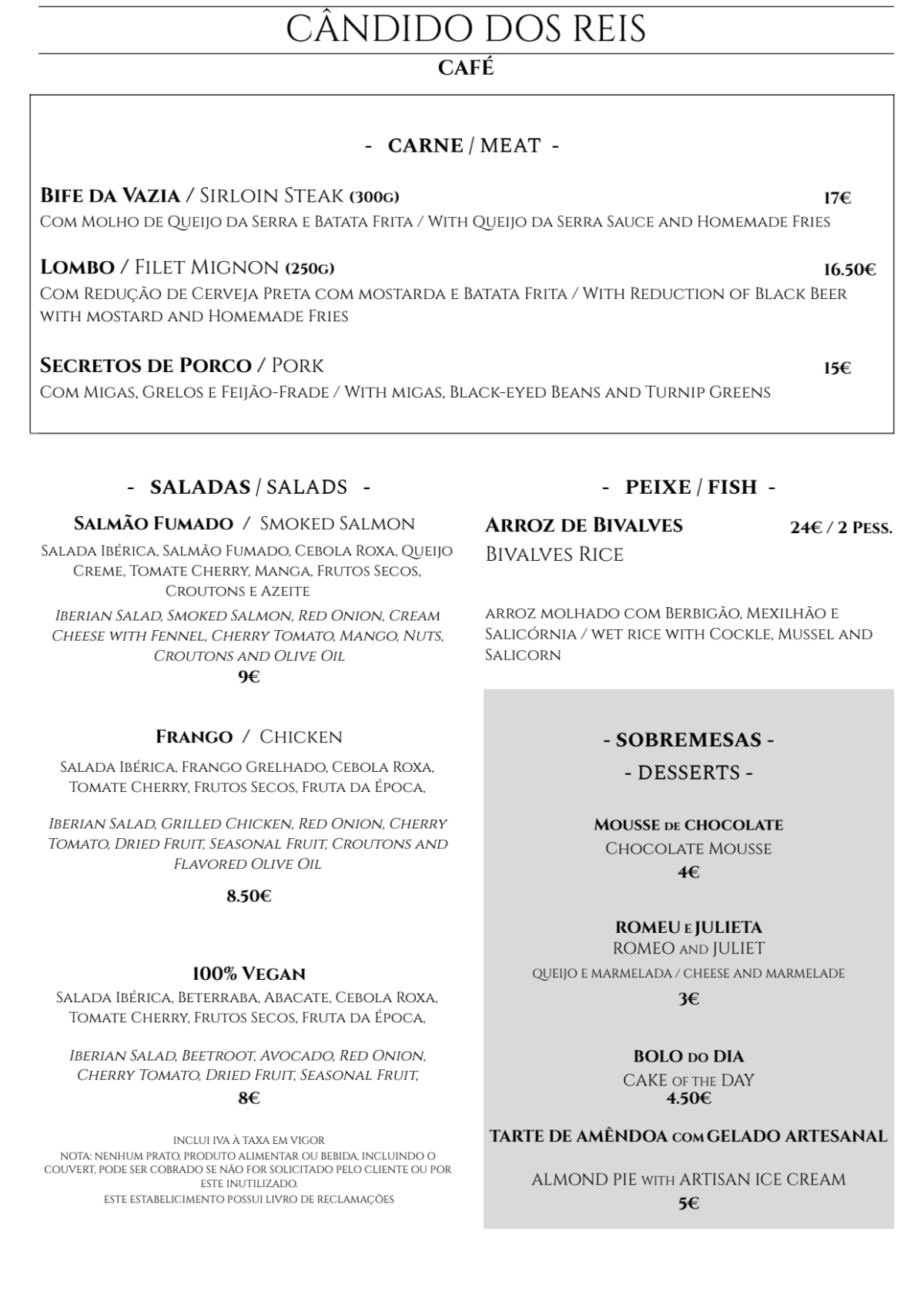 Carte et Menus 2024 - Cândido do Reis Café à Porto | TheFork