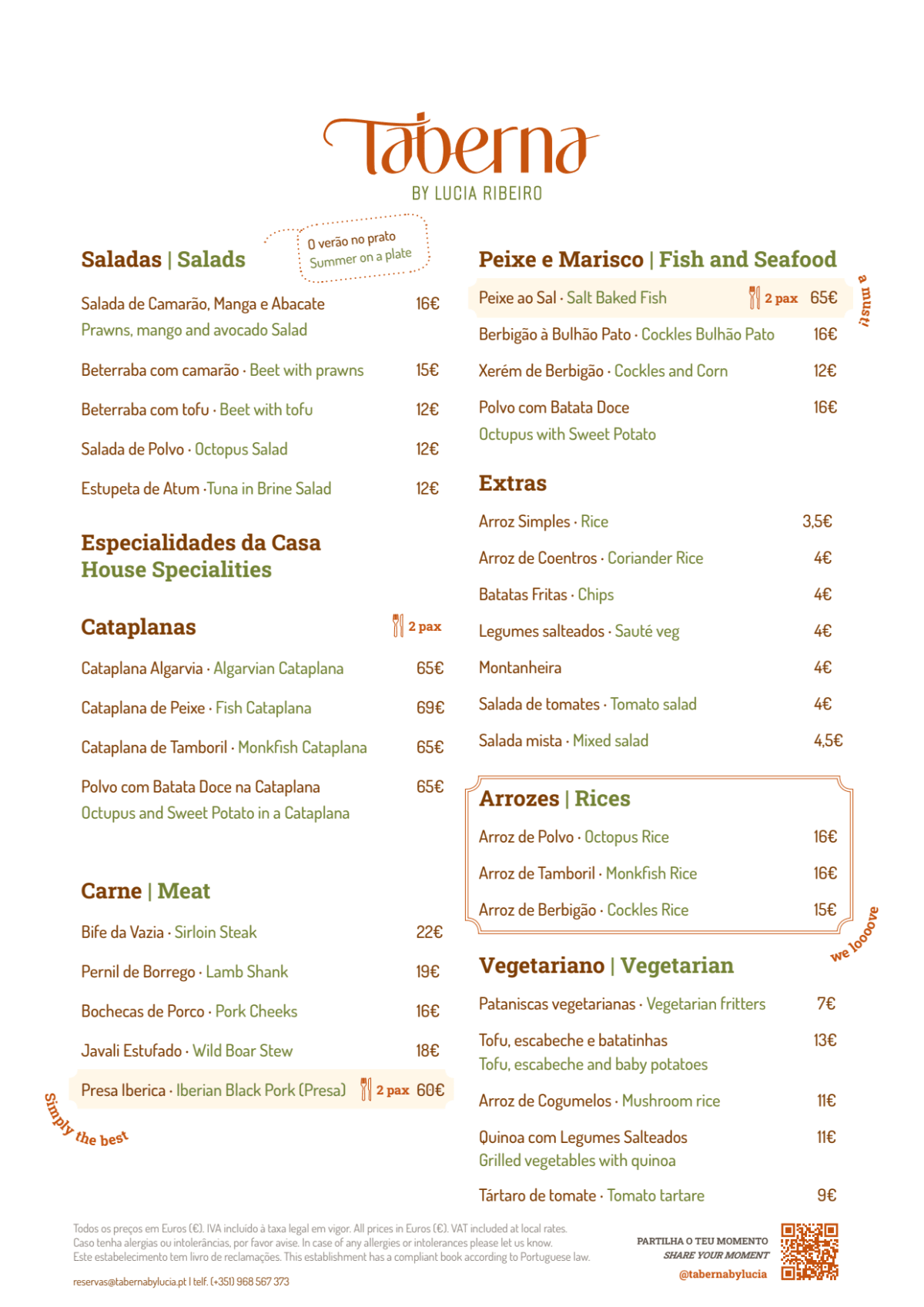 Carte et Menus 2024 - Taberna by Lucia à Almancil | TheFork