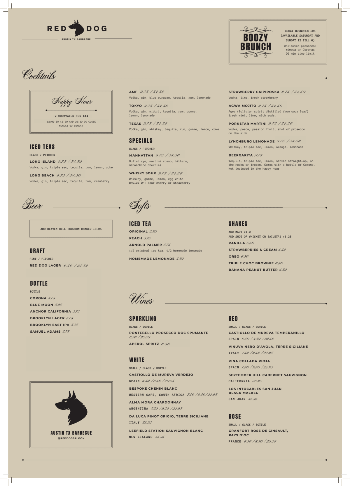 Menu 2024 - Red Dog Saloon Soho in London | TheFork