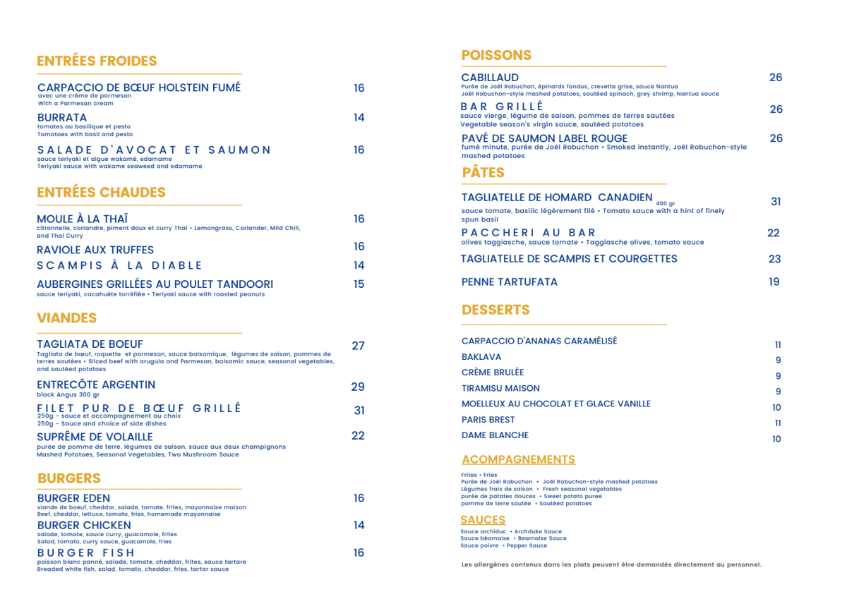 Carte et Menus 2024 - L’eden bleu à Saint-Gilles | TheFork