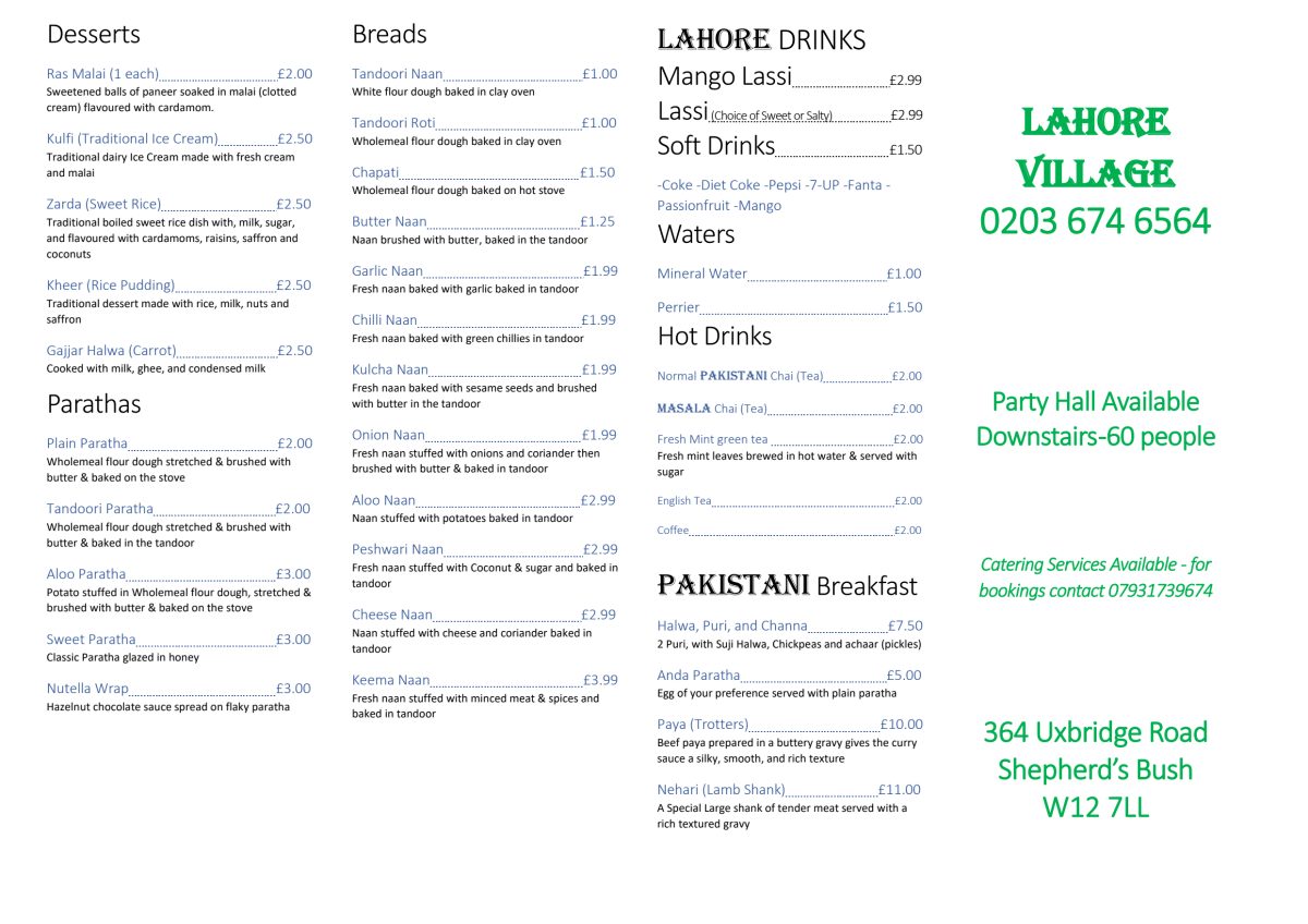 Menu 2024 - Lahore Village in London | TheFork