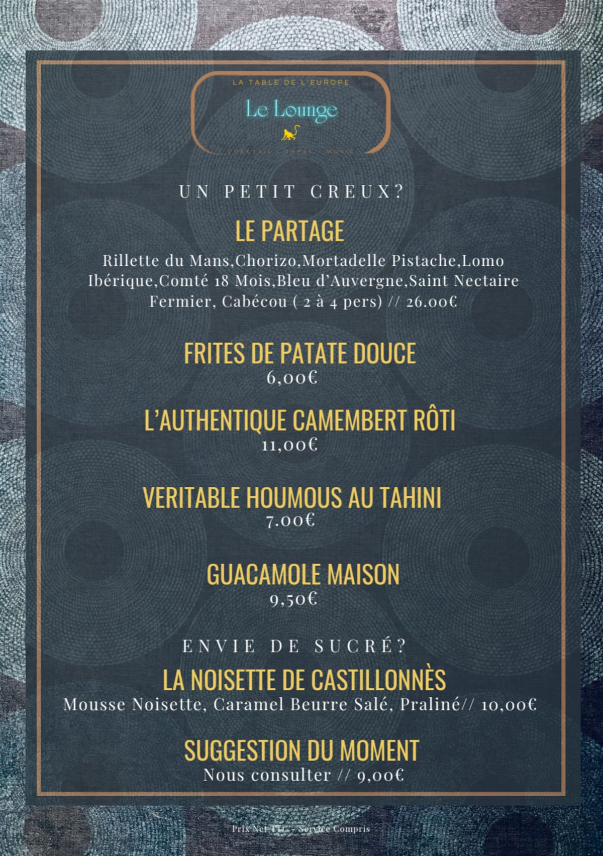 Menu 2024 - Le Lounge/Bar - La Table de l'Europe in Villeréal | TheFork